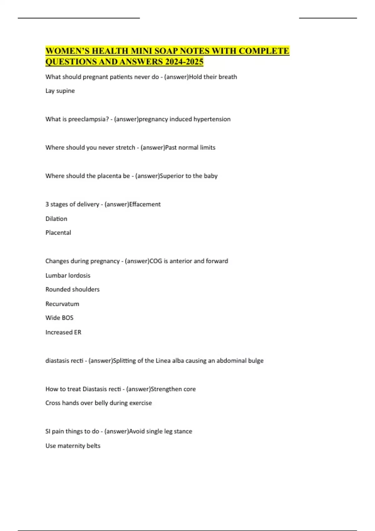 WOMEN’S HEALTH MINI SOAP NOTES WITH COMPLETE QUESTIONS AND ANSWERS ...