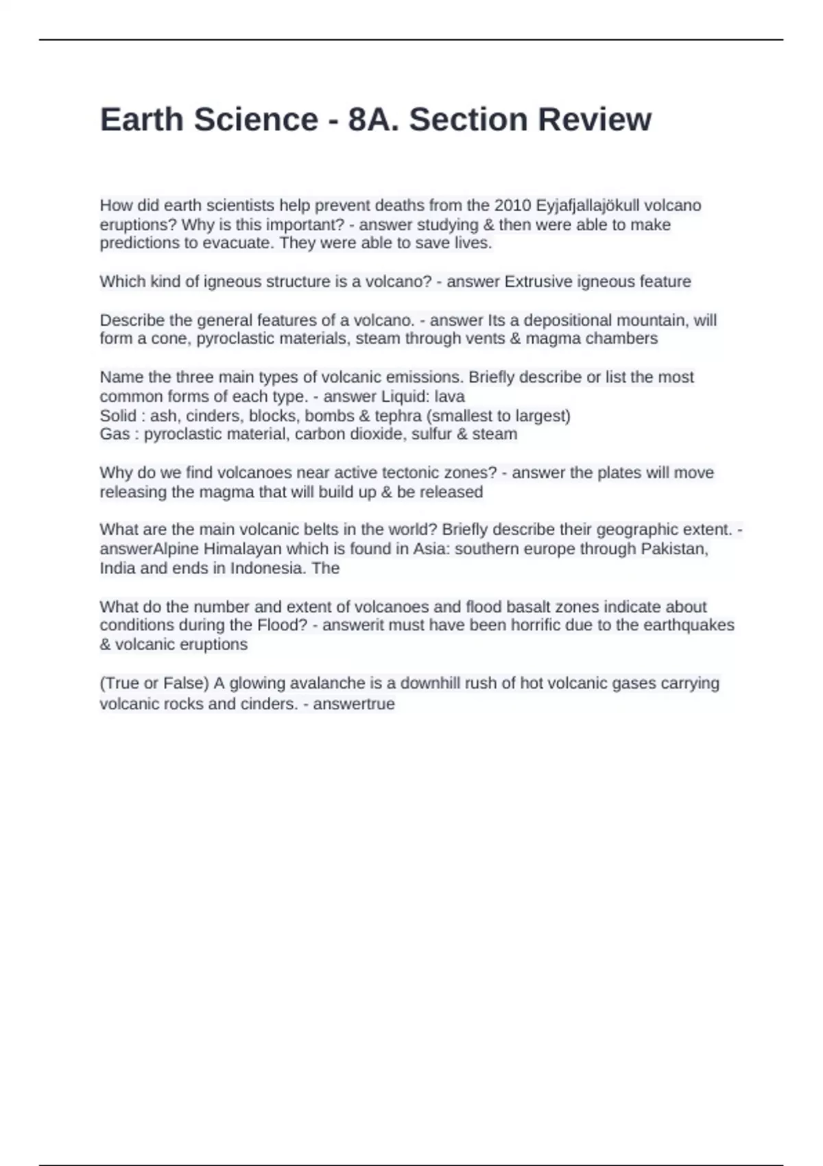 Earth Science - 8A. Section Review Questions and Answers - EARTH ...