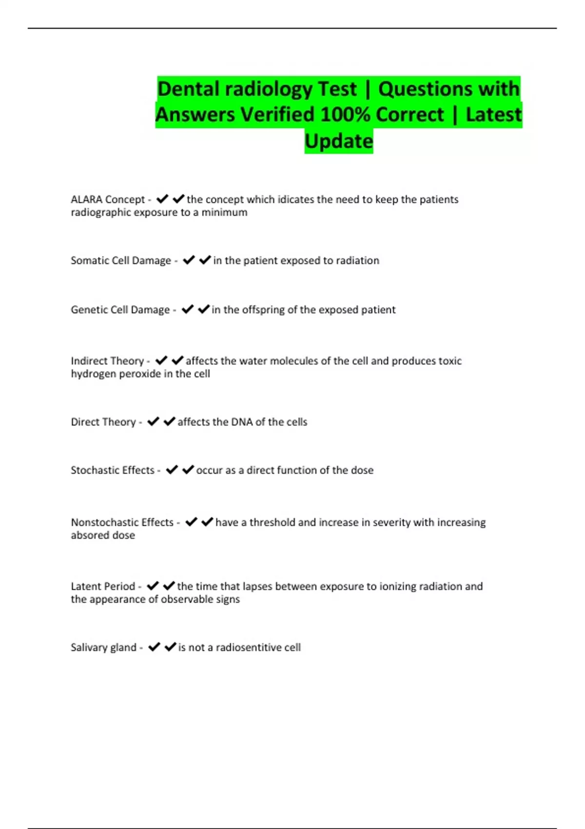 Dental radiology Test | Questions with Answers Verified 100% Correct ...