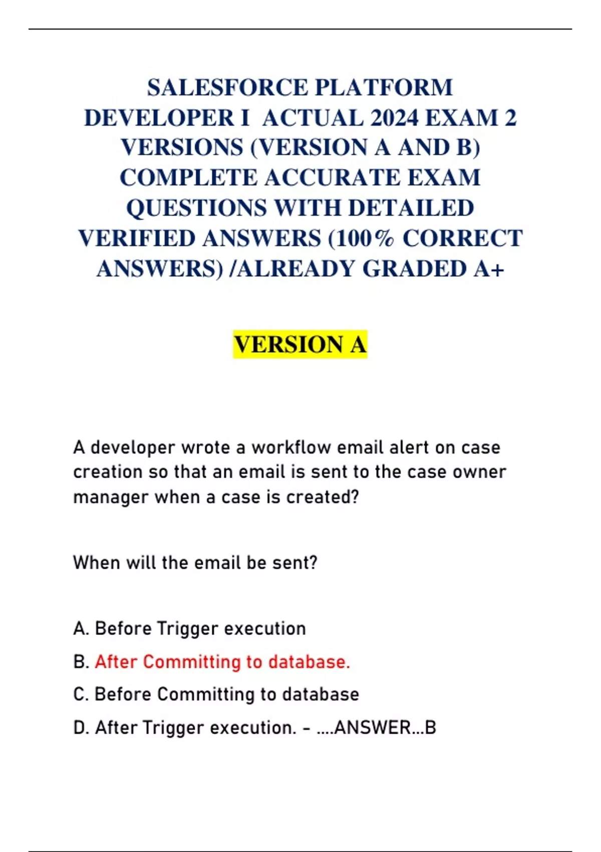 SALESFORCE PLATFORM DEVELOPER I ACTUAL 2024 EXAM 2 VERSIONS (VERSION A ...