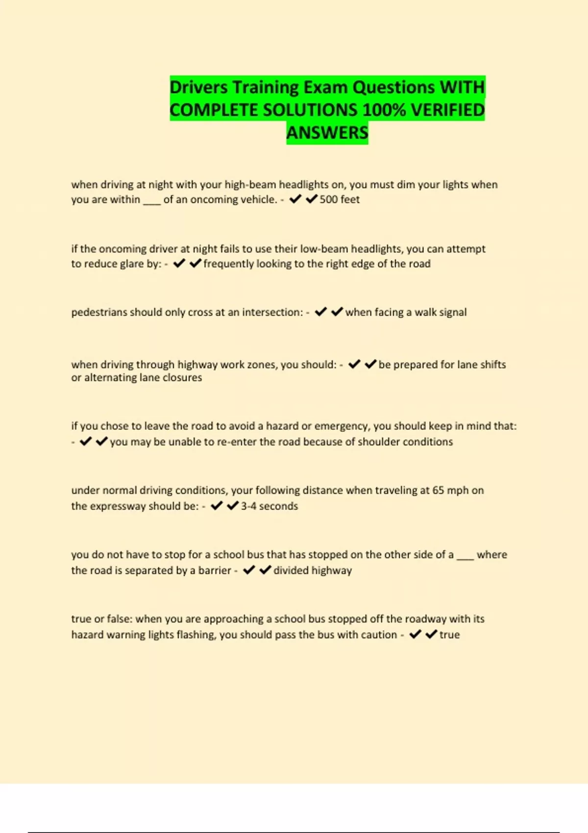 Drivers Training Exam Questions WITH COMPLETE SOLUTIONS 100% VERIFIED ...