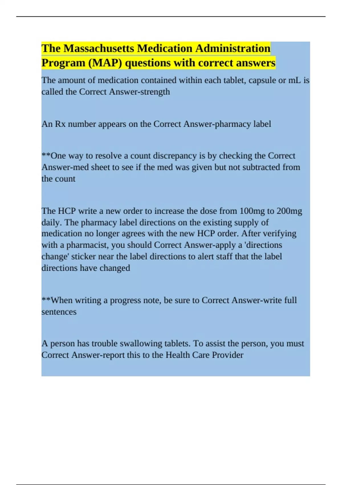 The Massachusetts Medication Administration Program (MAP) questions with correct answers - MAP ...