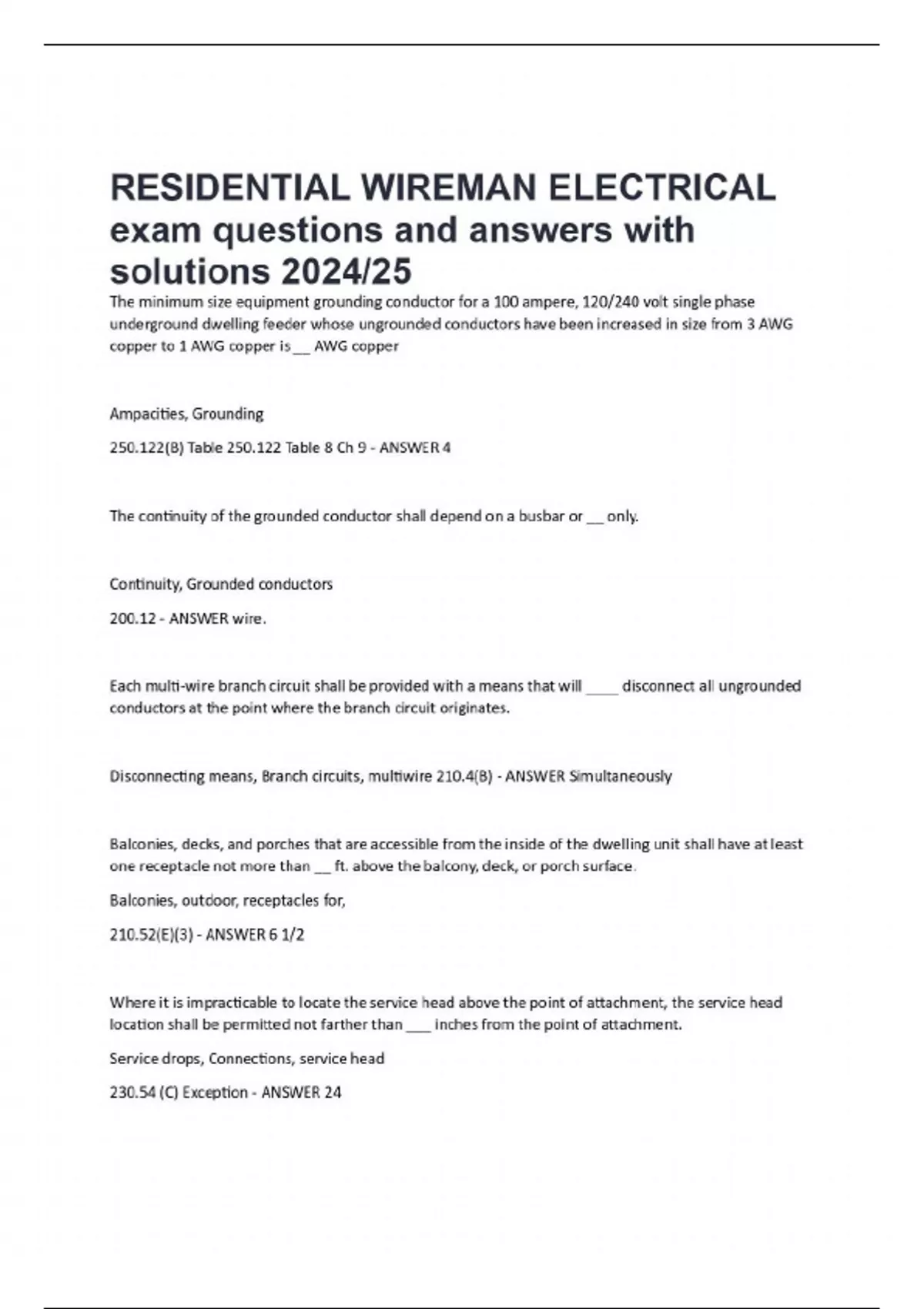 RESIDENTIAL WIREMAN ELECTRICAL exam questions and answers with ...
