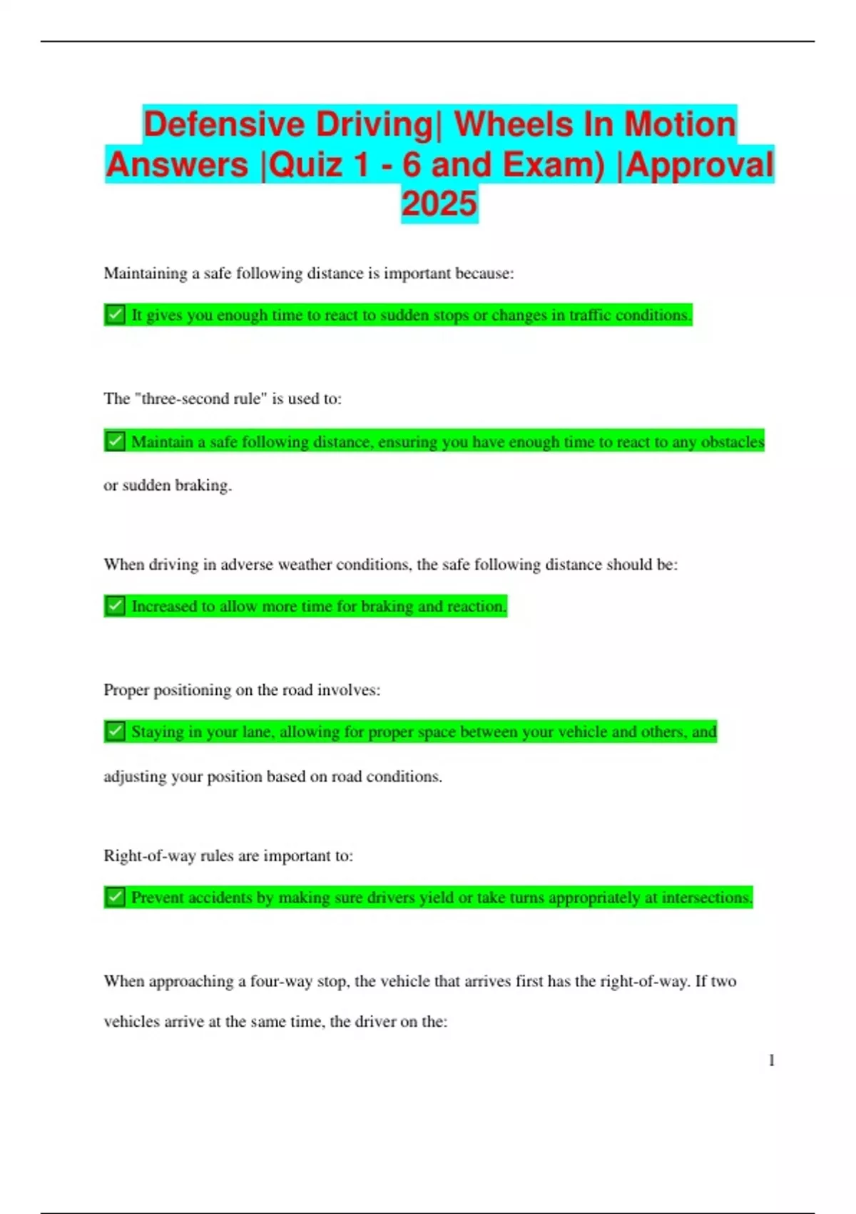 Defensive Driving| Wheels In Motion Answers |Quiz 1 - 6 and Exam ...