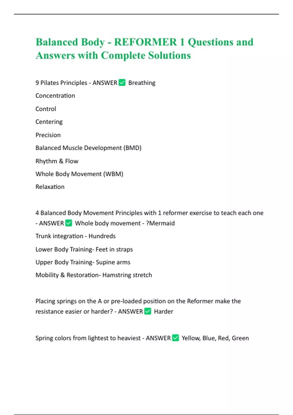 Balanced Body - REFORMER 1 Questions and Answers with Complete ...