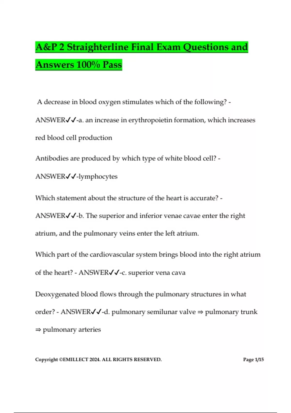 A&P 2 Straighterline Final Exam Questions and Answers 100% Pass ...