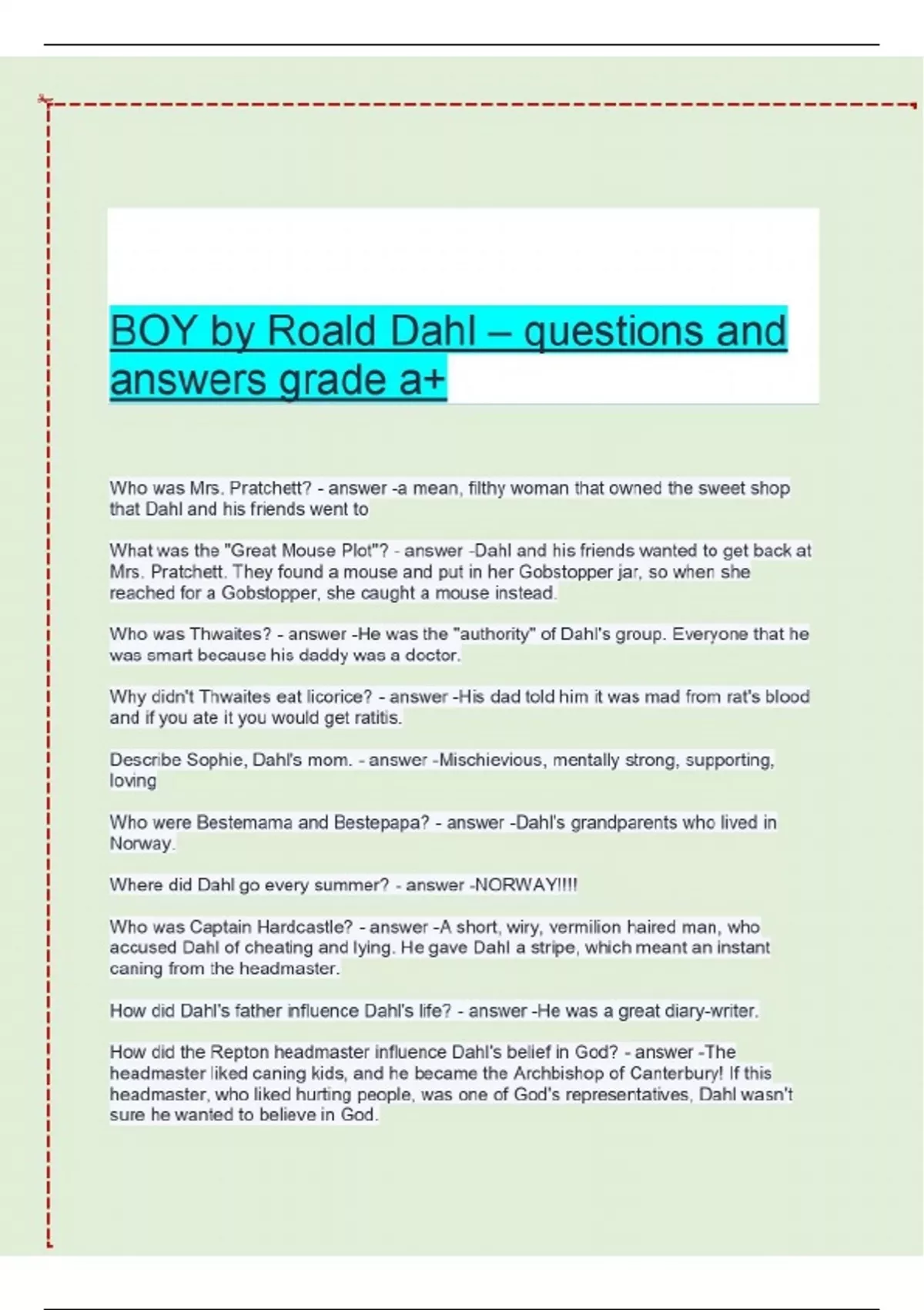BOY by Roald Dahl – questions and answers grade a+ - BOY by Roald Dahl ...