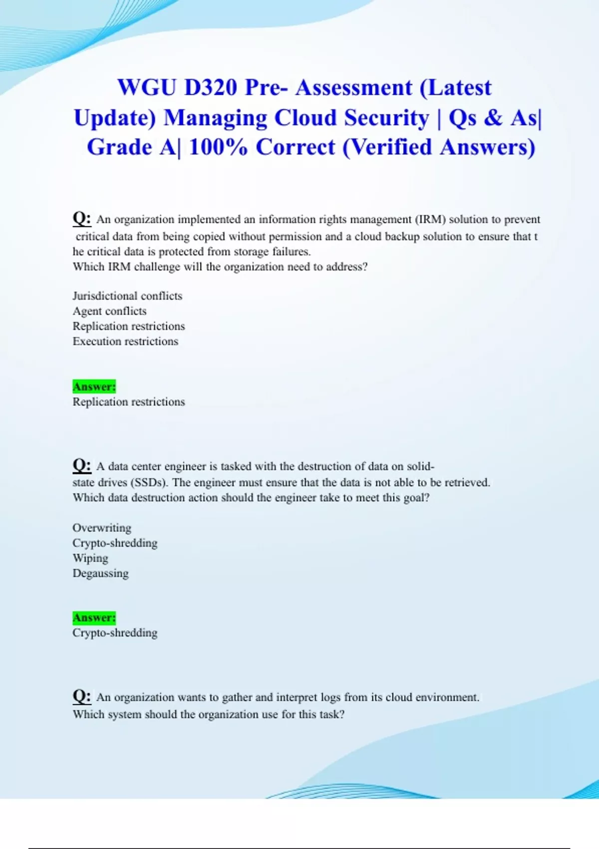 WGU D320 Pre- Assessment (Latest 2024/ 2025 Update) Managing Cloud ...