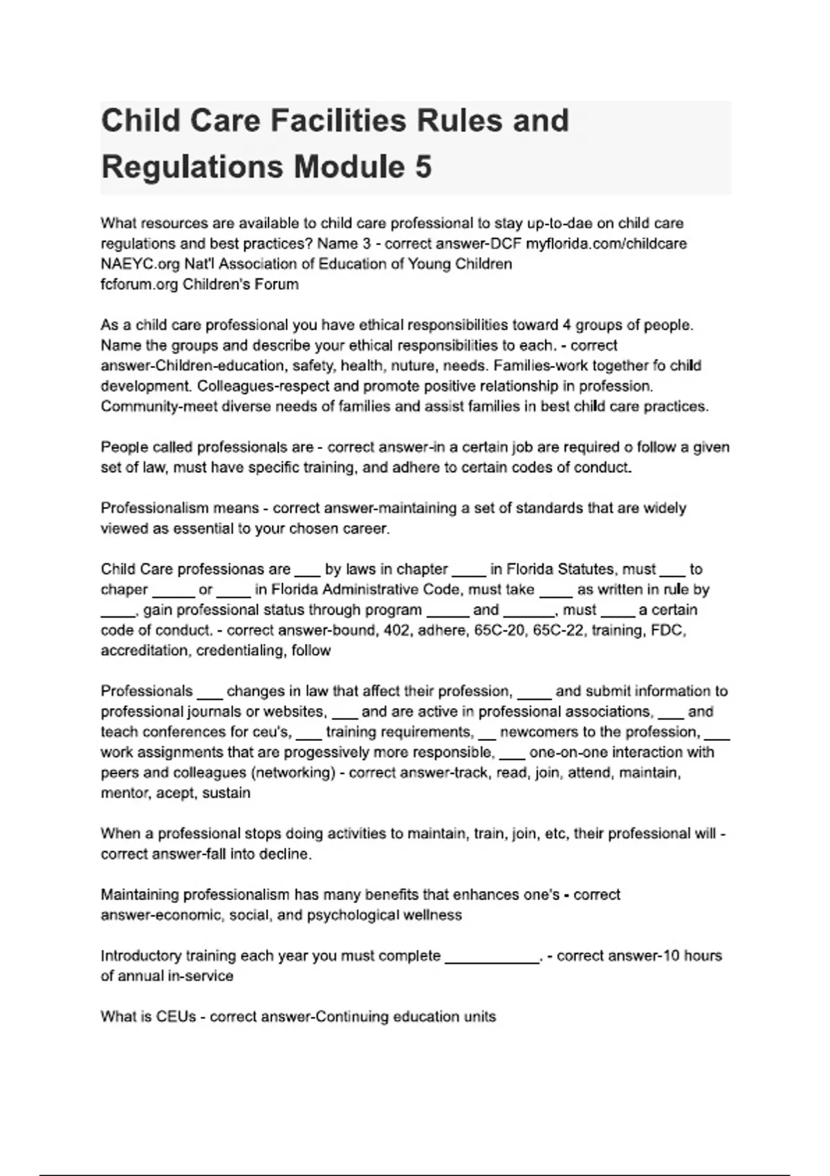 Child Care Facilities Rules and Regulations Module 5 questions and ...