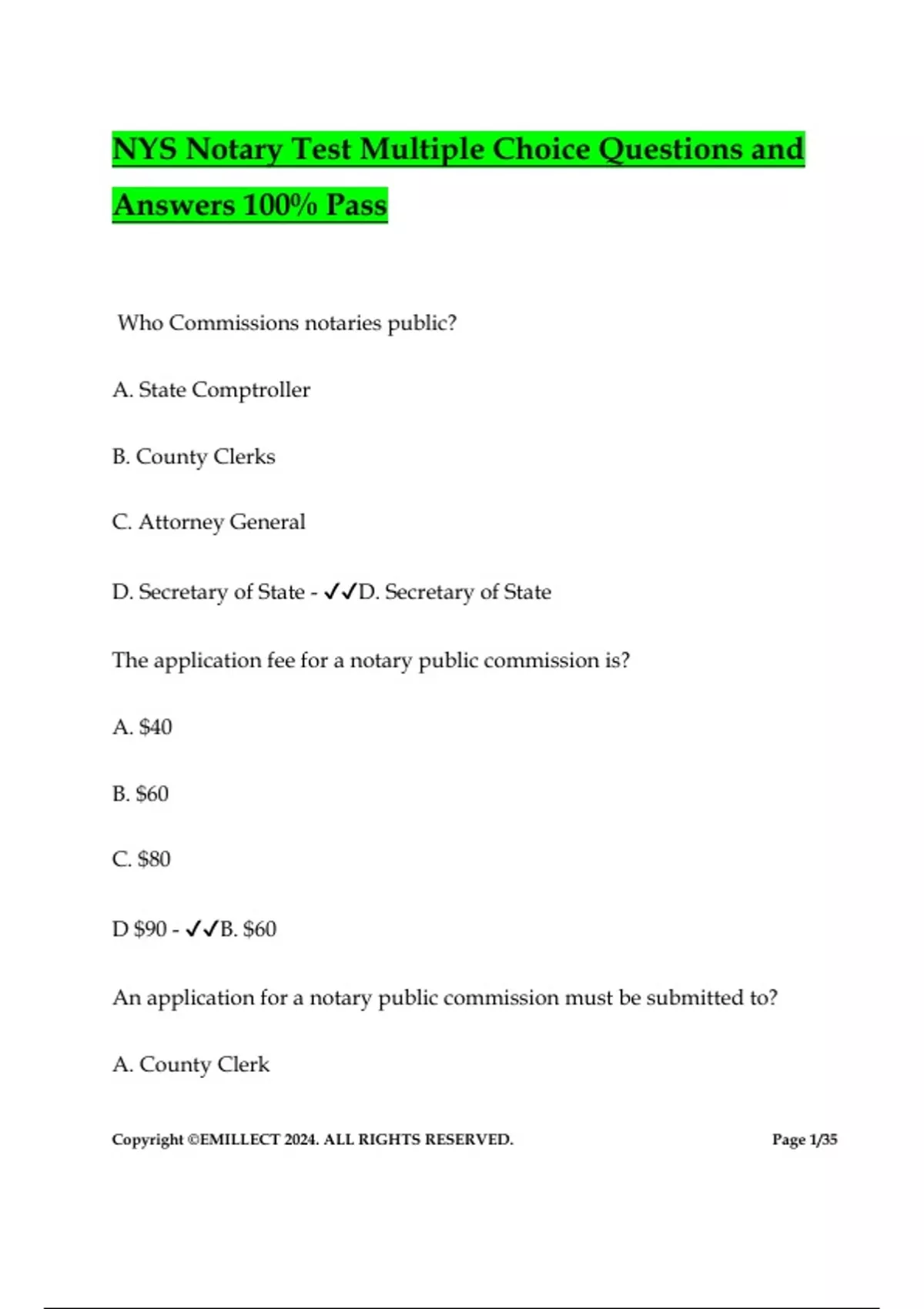 NYS Notary Test Multiple Choice Questions and Answers 100% Pass - Nys ...