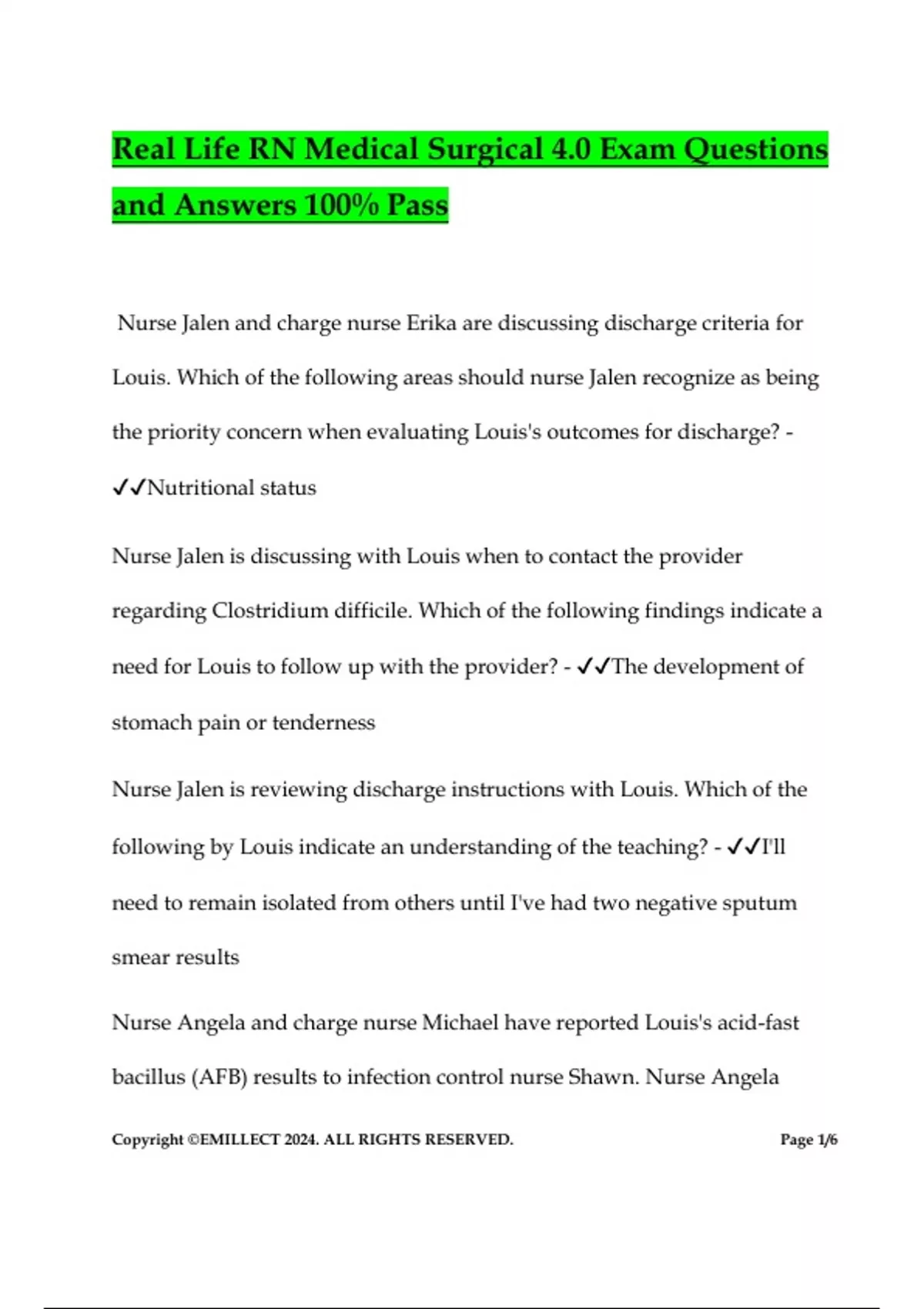 Real Life RN Medical Surgical 4.0 Exam Questions and Answers 100% Pass ...