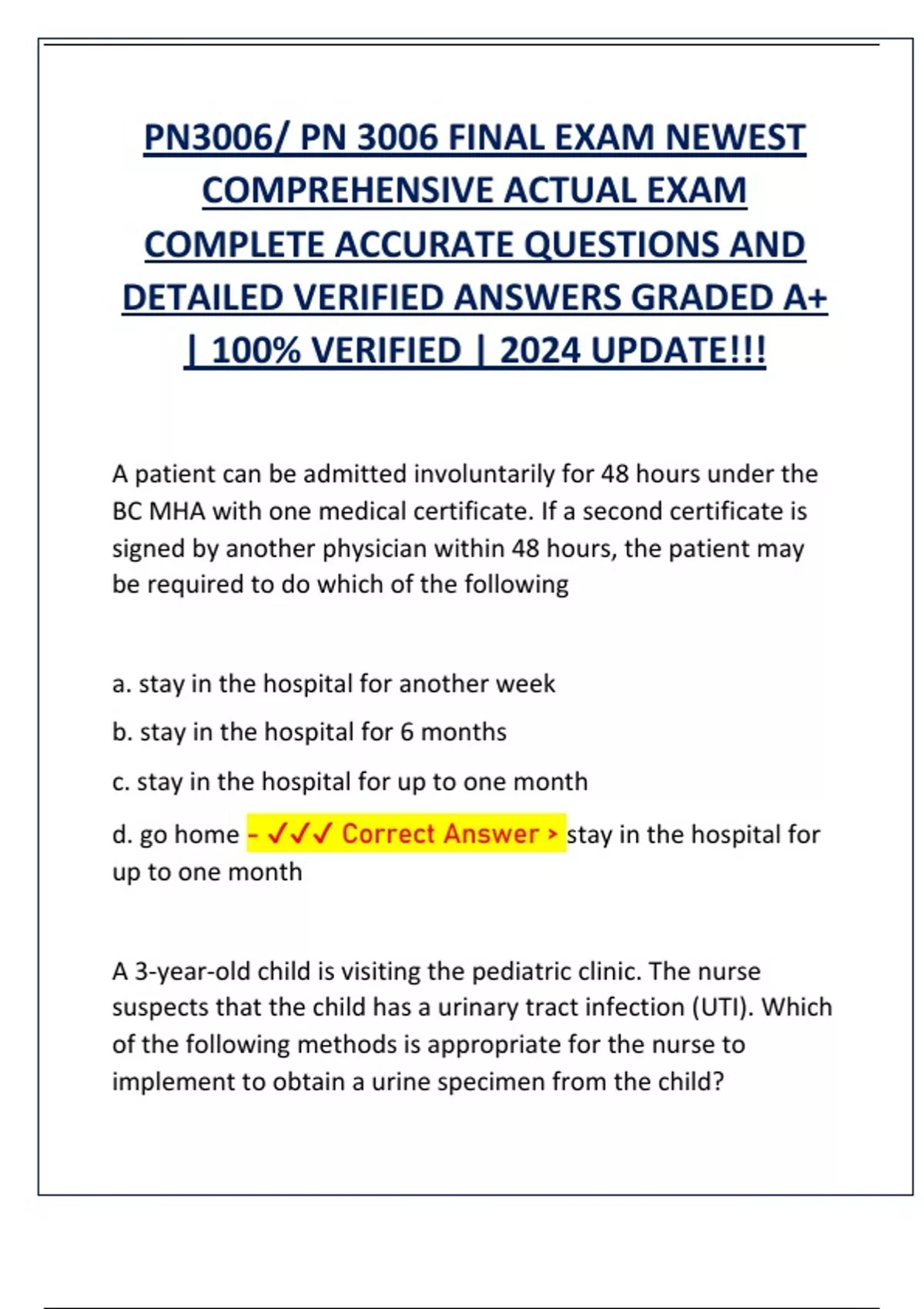 PN3006/ PN 3006 FINAL EXAM NEWEST COMPREHENSIVE ACTUAL EXAM COMPLETE ...