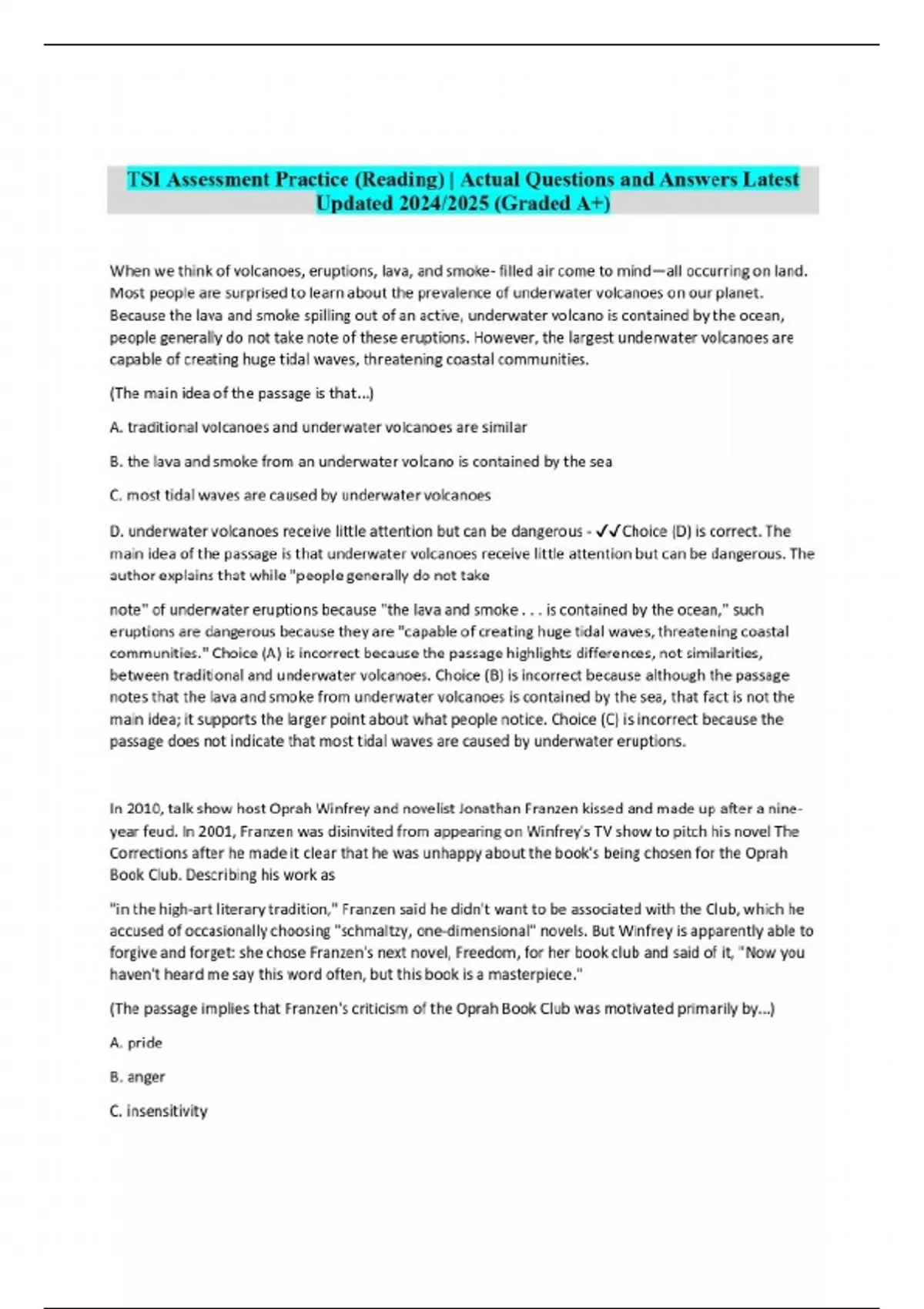 TSI Assessment Practice (Reading) | Actual Questions and Answers Latest ...