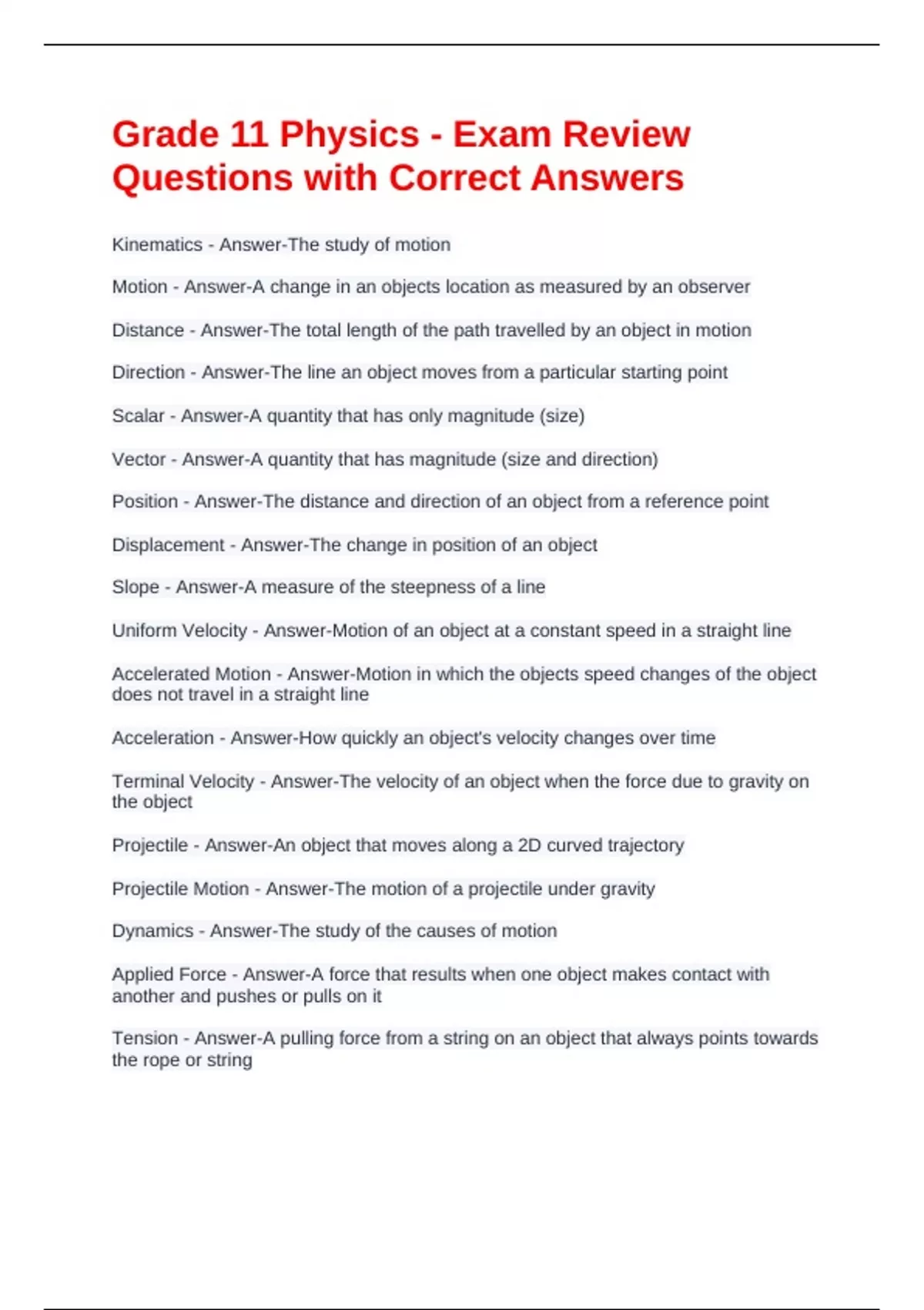 Grade 11 Physics - Exam Review Questions with Correct Answers - Physics - Stuvia US