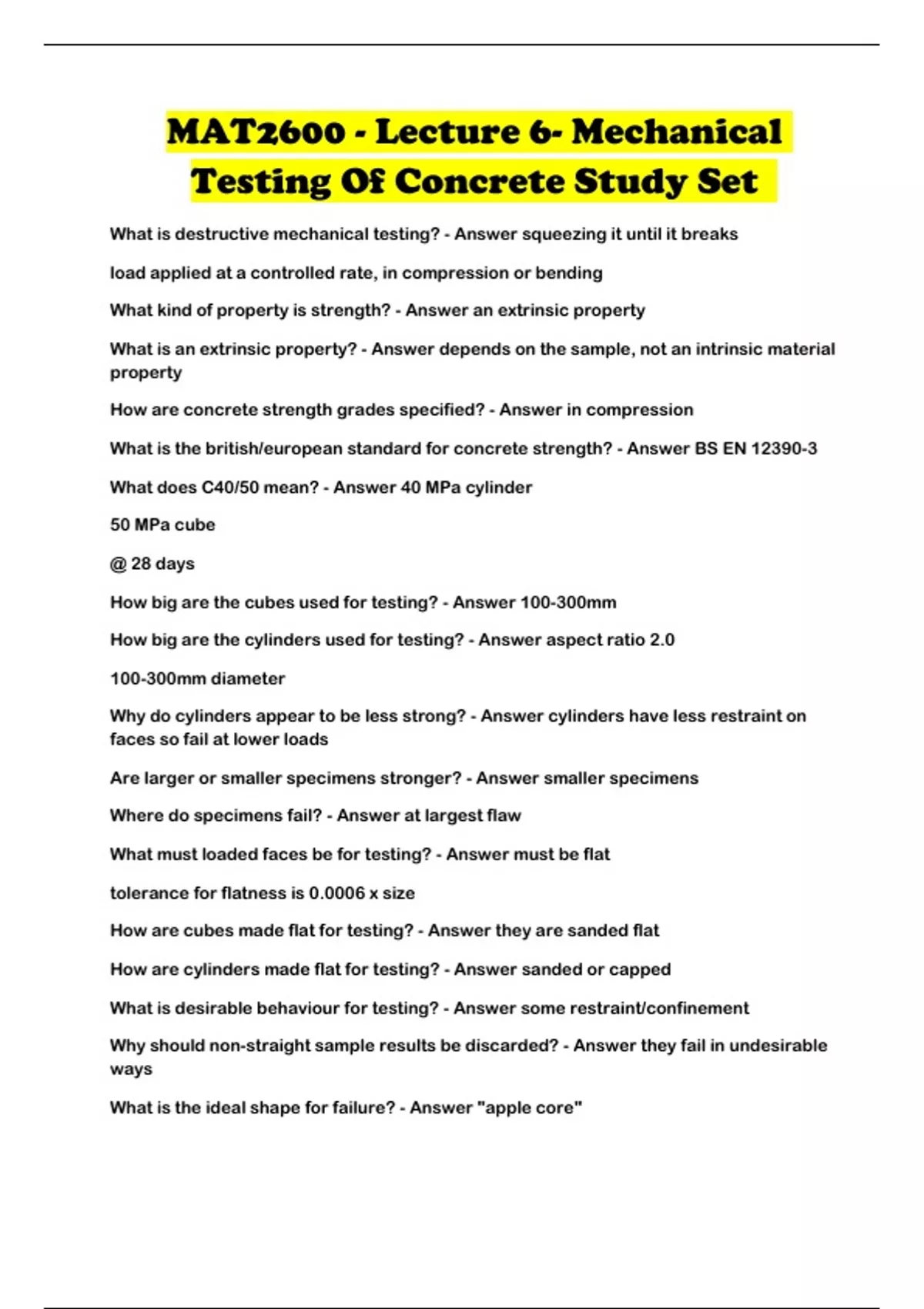 MAT2600 - Lecture 6- Mechanical Testing Of Concrete Study Set - MAT2600 ...