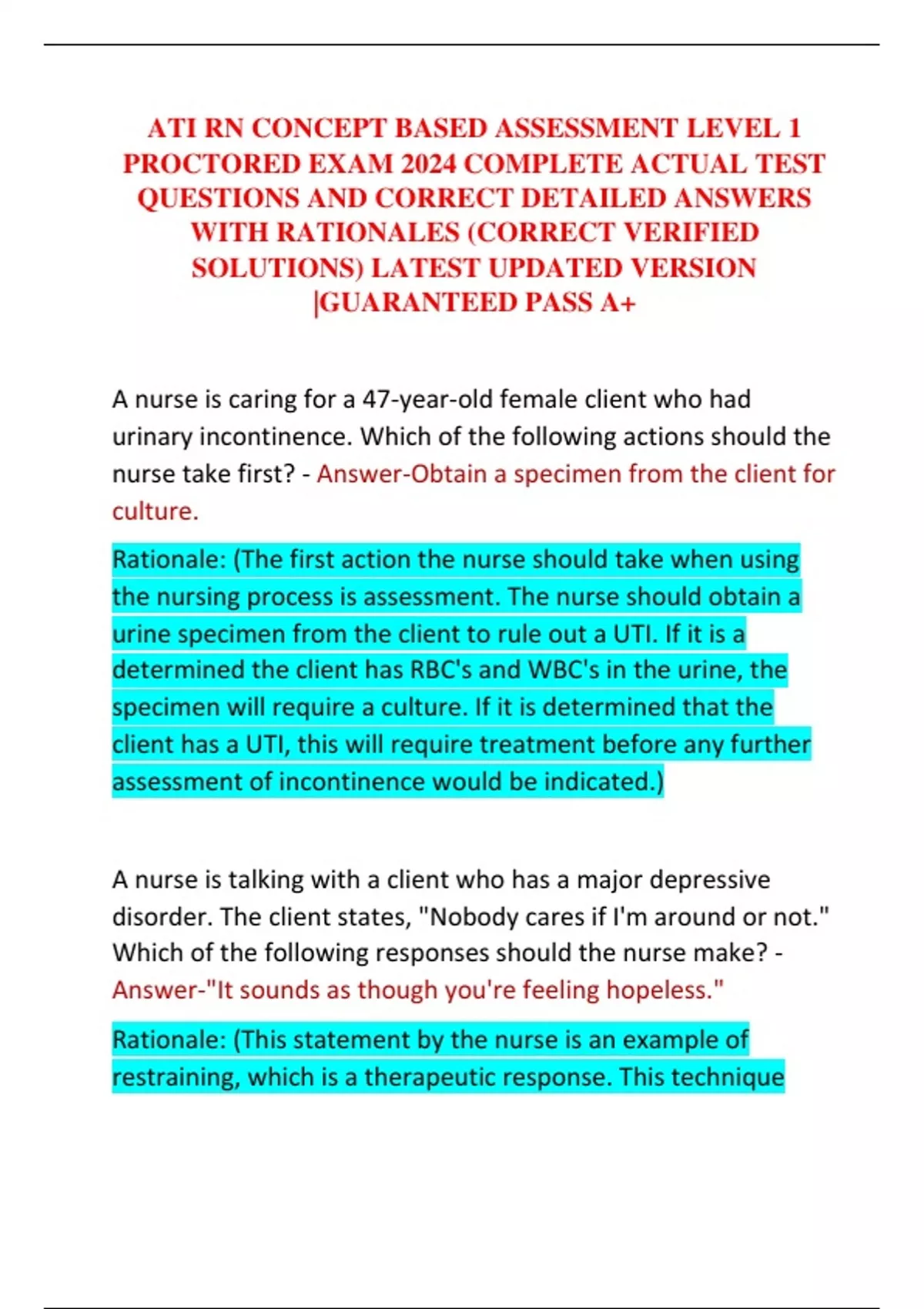 ATI RN CONCEPT BASED ASSESSMENT LEVEL 1 PROCTORED EXAM 2024 COMPLETE ...