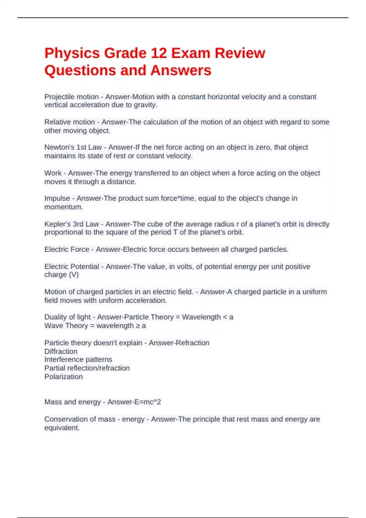 Physics Grade 12 Exam Review Questions and Answers - Physics - Stuvia US