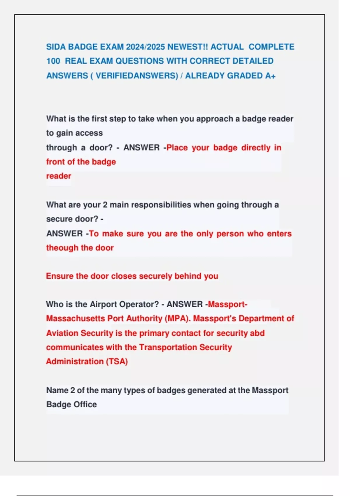SIDA BADGE EXAM 2024/2025 NEWEST!! ACTUAL COMPLETE 100 REAL EXAM ...