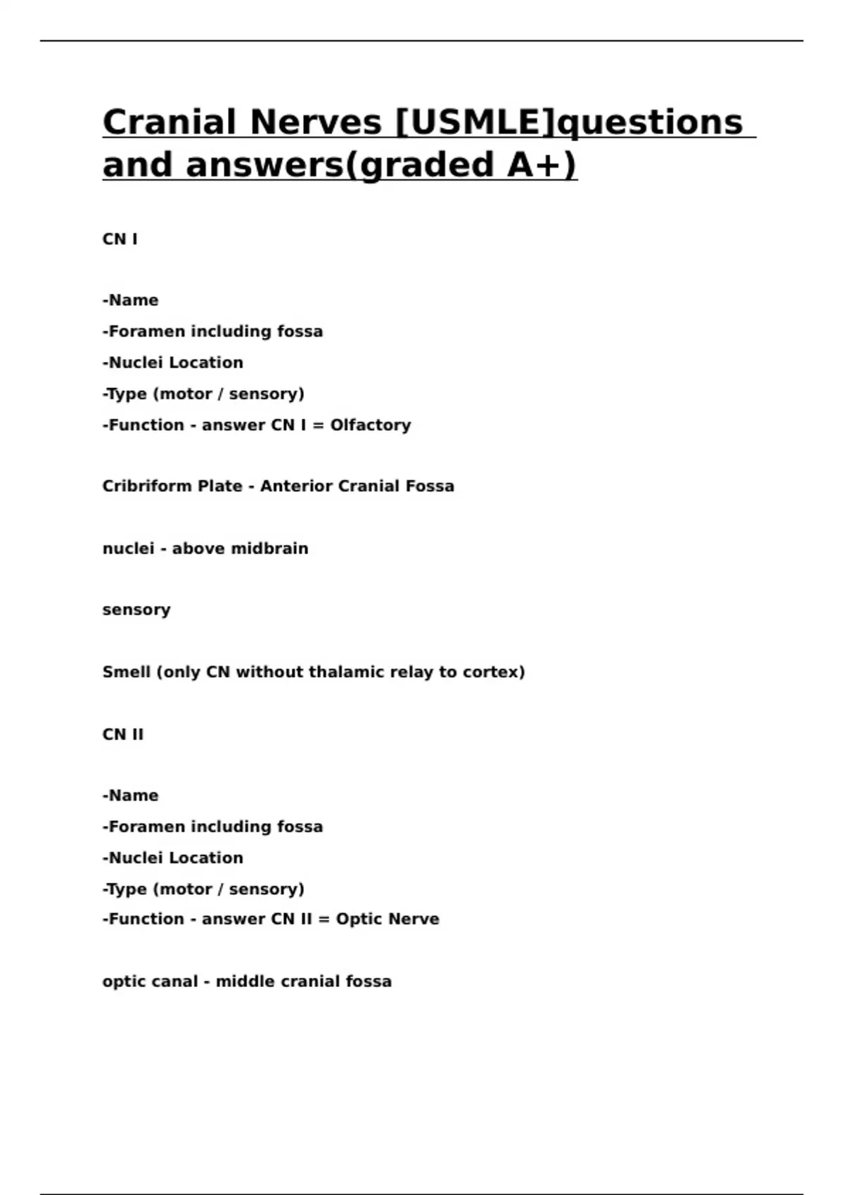 Cranial Nerves -USMLE-questions and answers(graded A+). - CWCN - Stuvia US