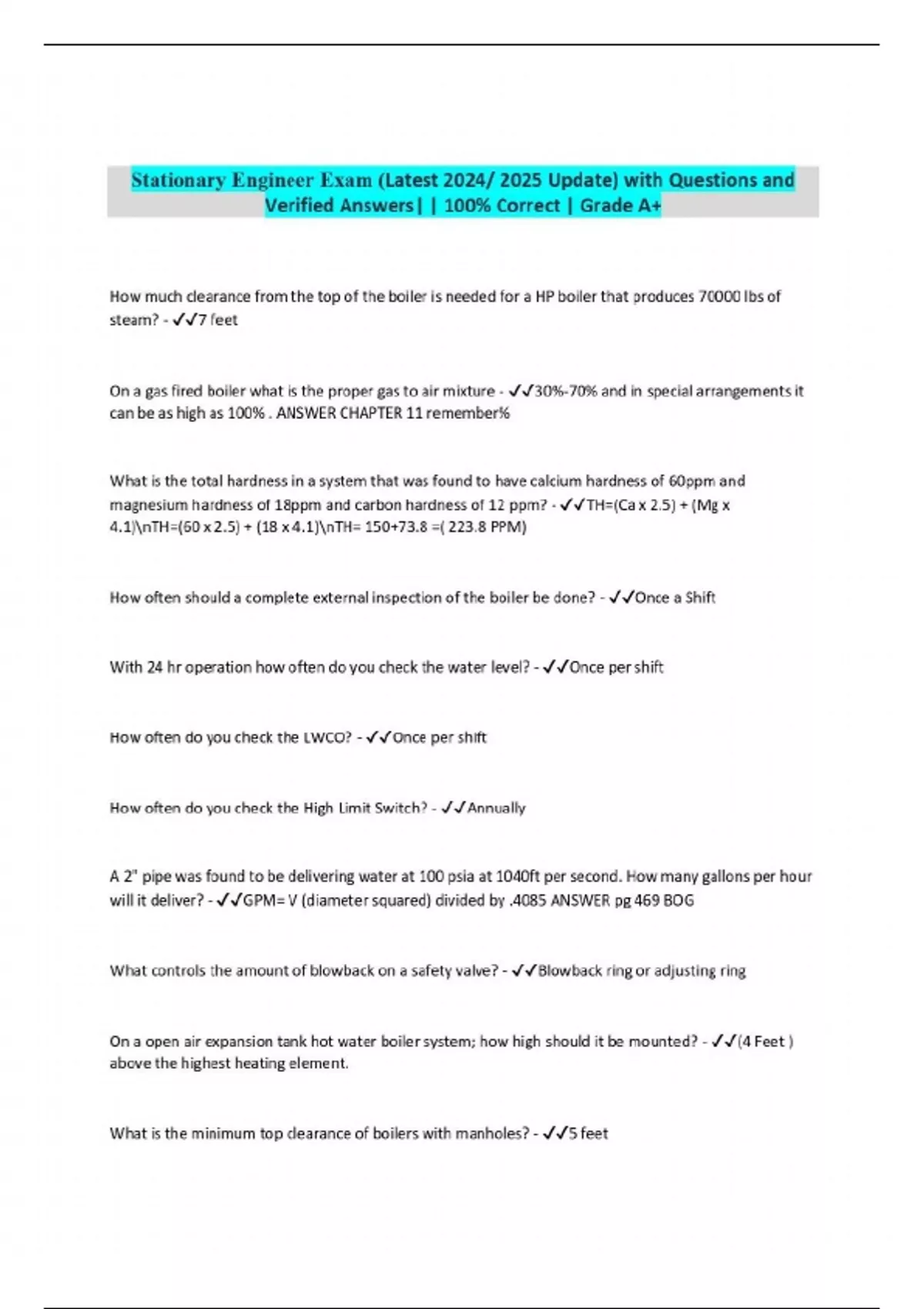 Stationary Engineer Exam (Latest 2024/ 2025 Update) with Questions and ...