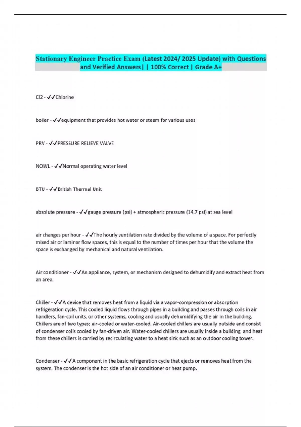 Stationary Engineer Practice Exam (Latest 2024/ 2025 Update) with ...