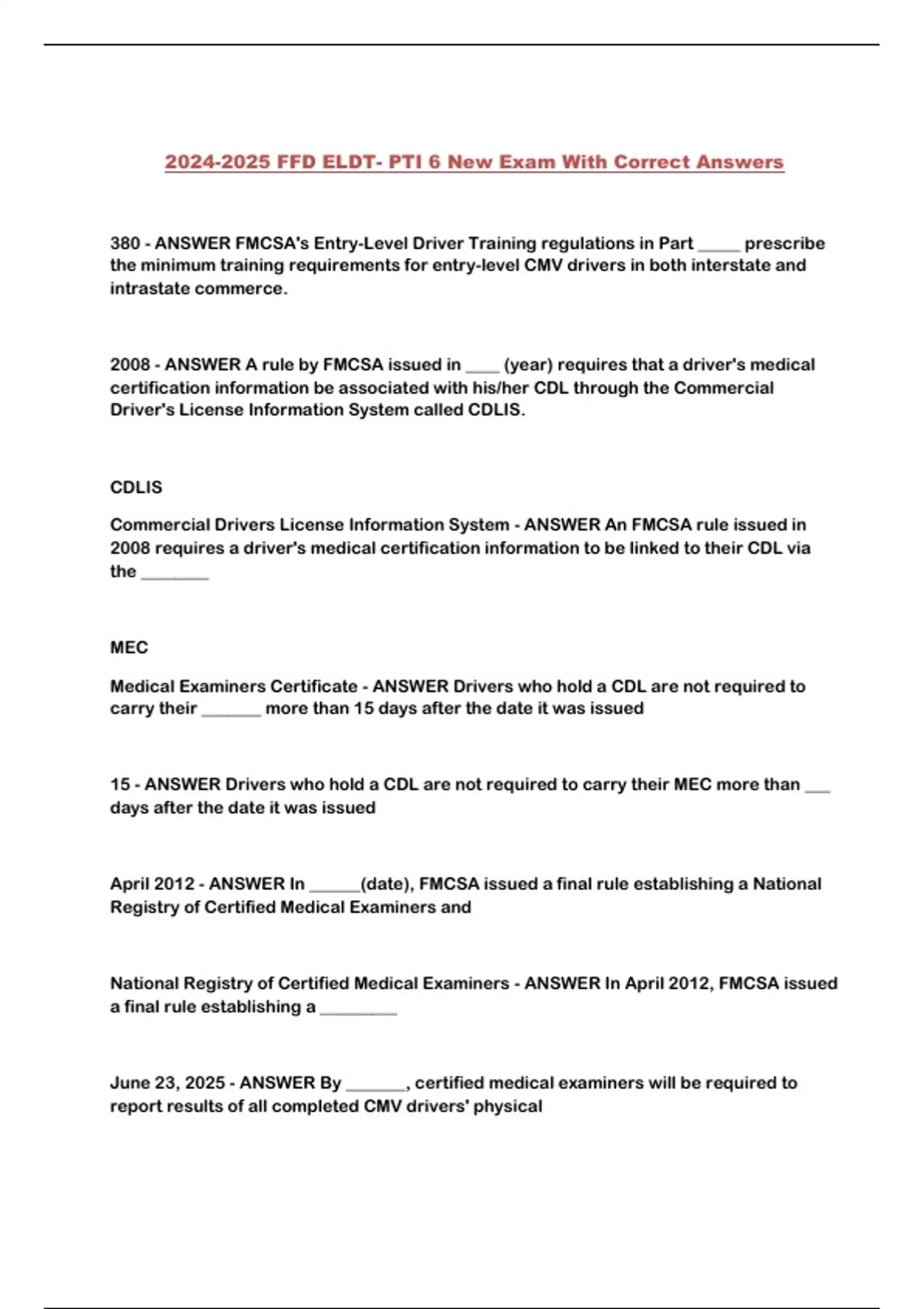 FFD ELDT- PTI 6 New Exam With Correct Answers - 2024-2025 FFD ELDT- PTI ...