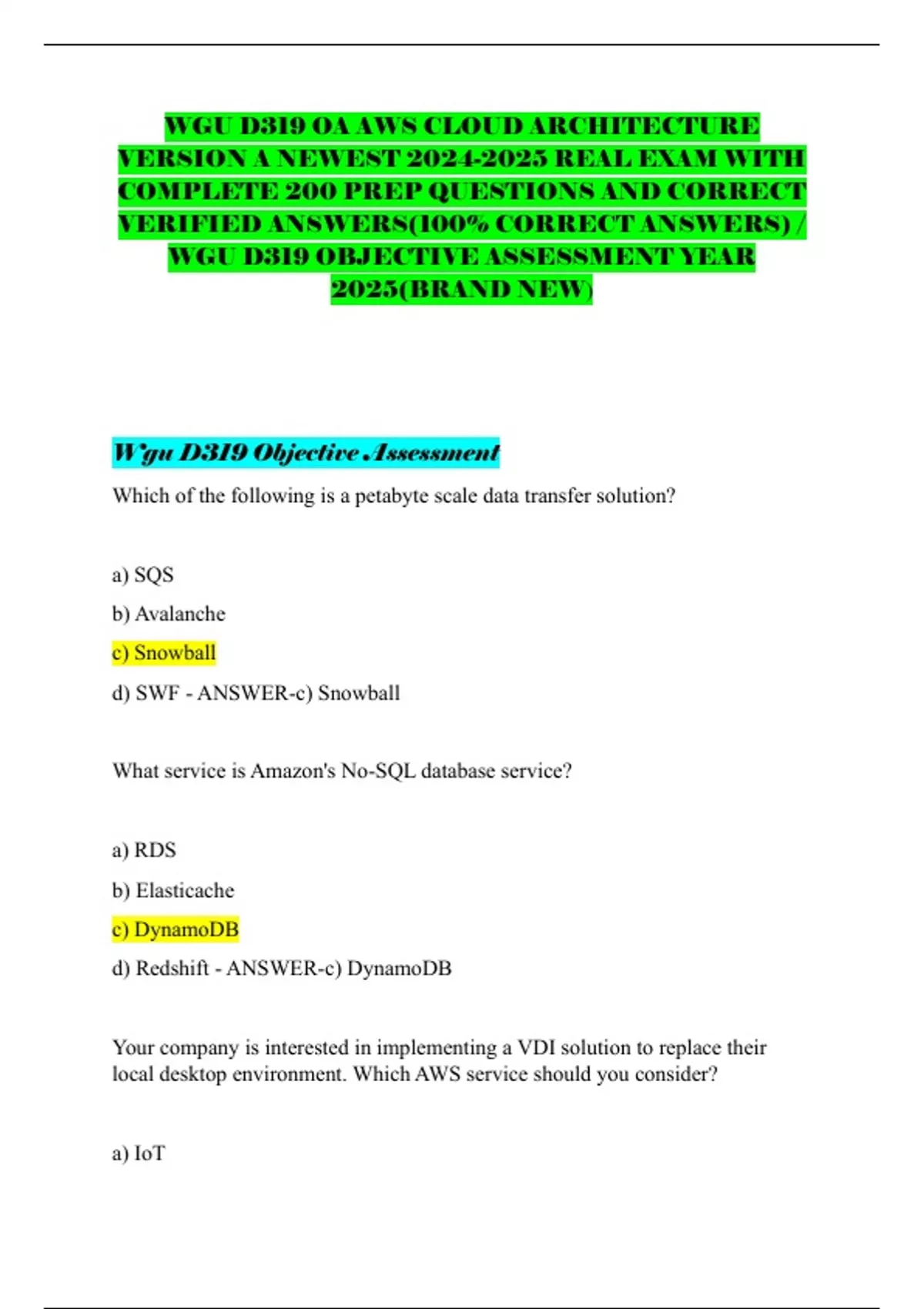 WGU D319 OA AWS CLOUD ARCHITECTURE VERSION A NEWEST REAL EXAM WITH COMPLETE 200 PREP QUESTIONS ...