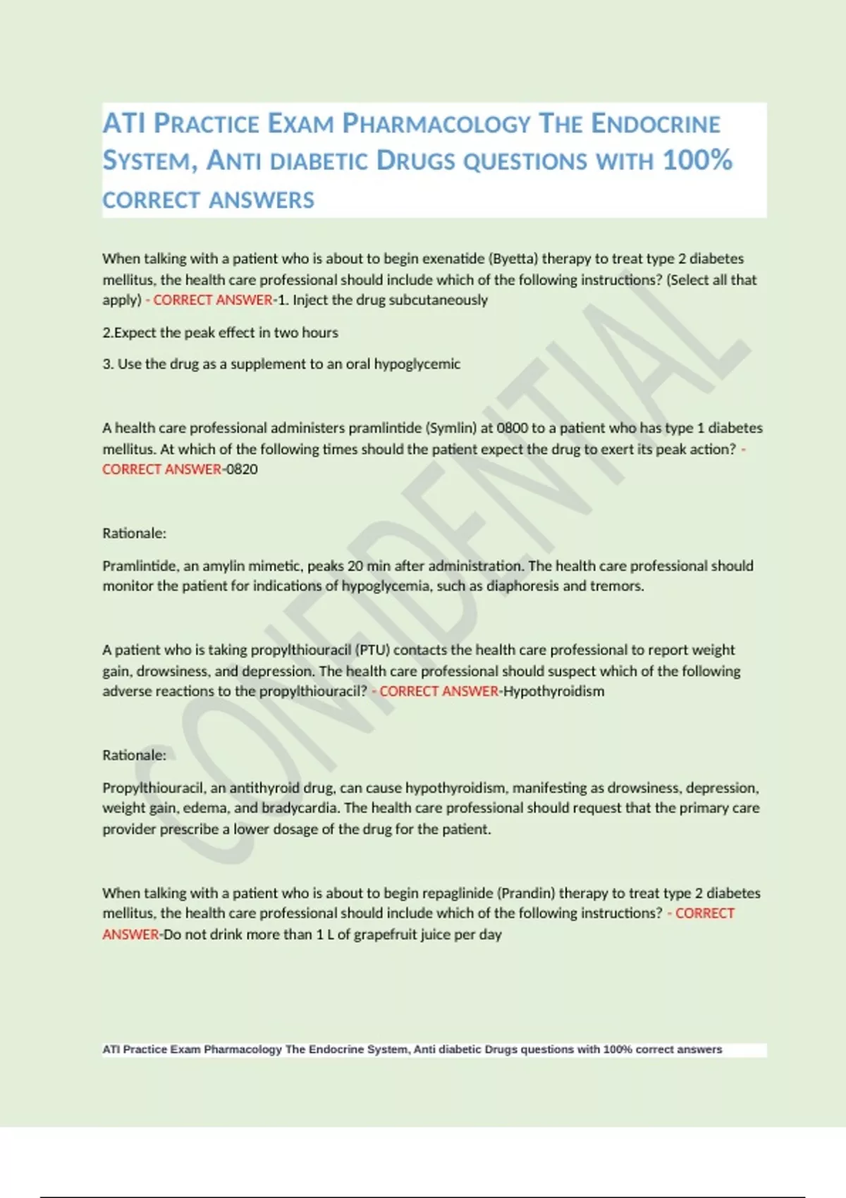 ATI PRACTICE EXAM PHARMACOLOGY THE ENDOCRINE SYSTEM, ANTI DIABETIC ...