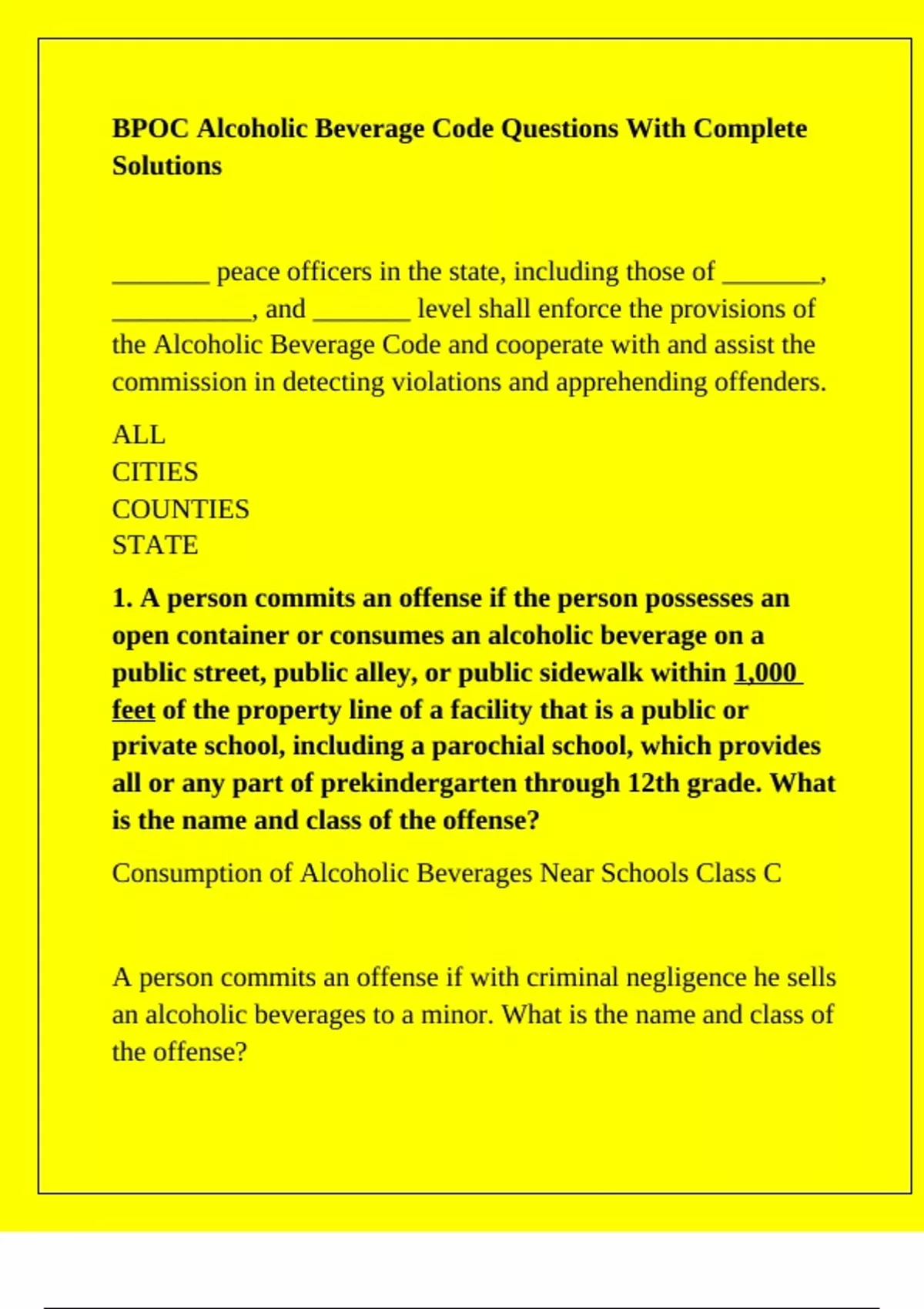 BPOC Alcoholic Beverage Code Questions With Complete Solutions - BPOC - Stuvia US
