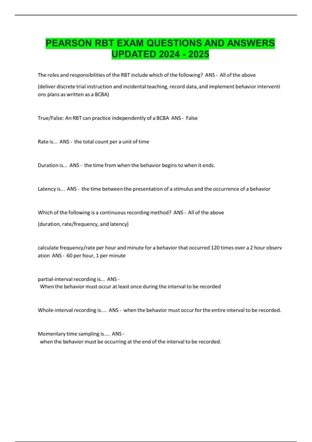 PEARSON RBT EXAM QUESTIONS AND ANSWERS UPDATED - PEARSON RBT - Stuvia US