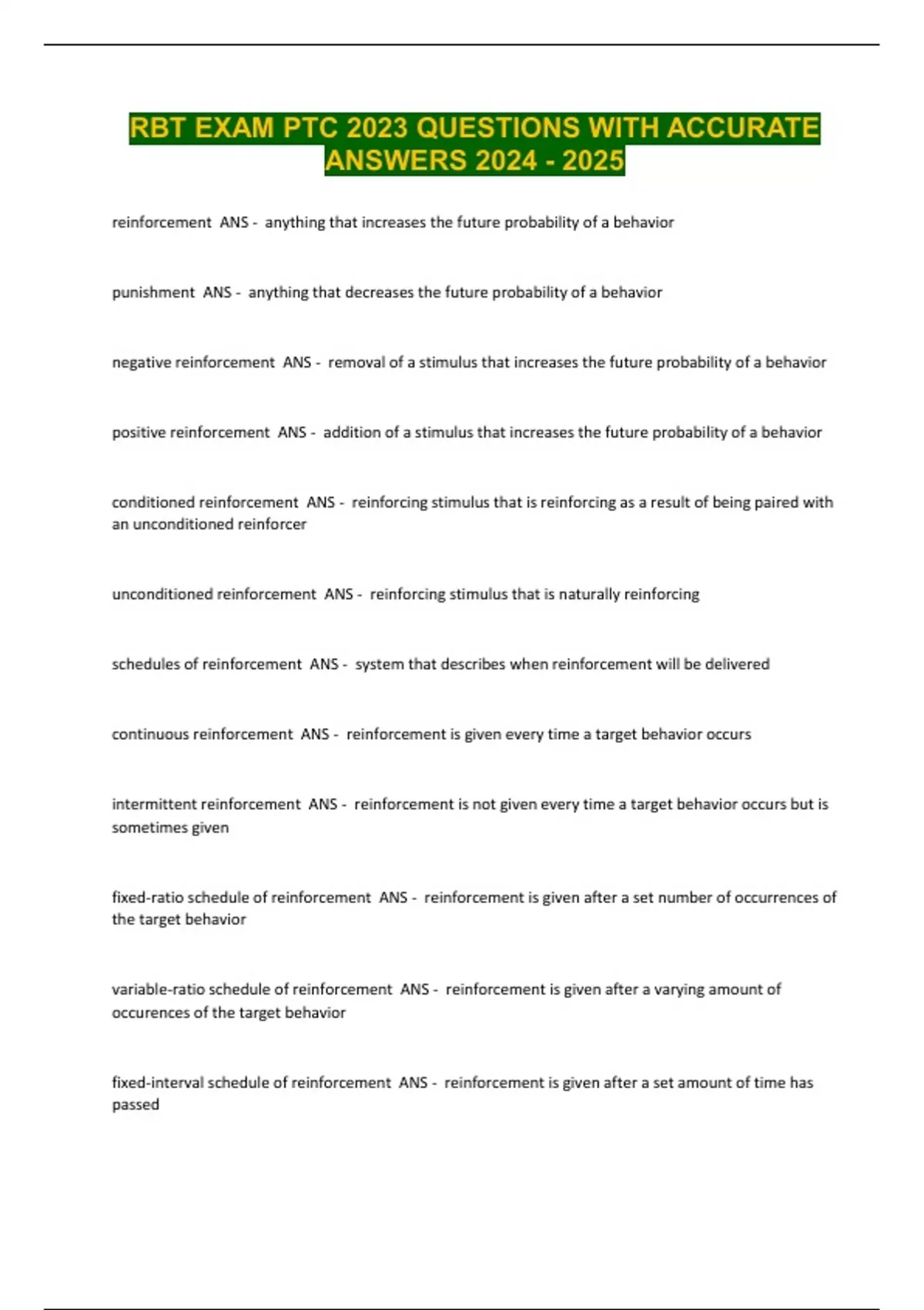 RBT EXAM PTC 2023 QUESTIONS WITH ACCURATE ANSWERS - PEARSON RBT - Stuvia US