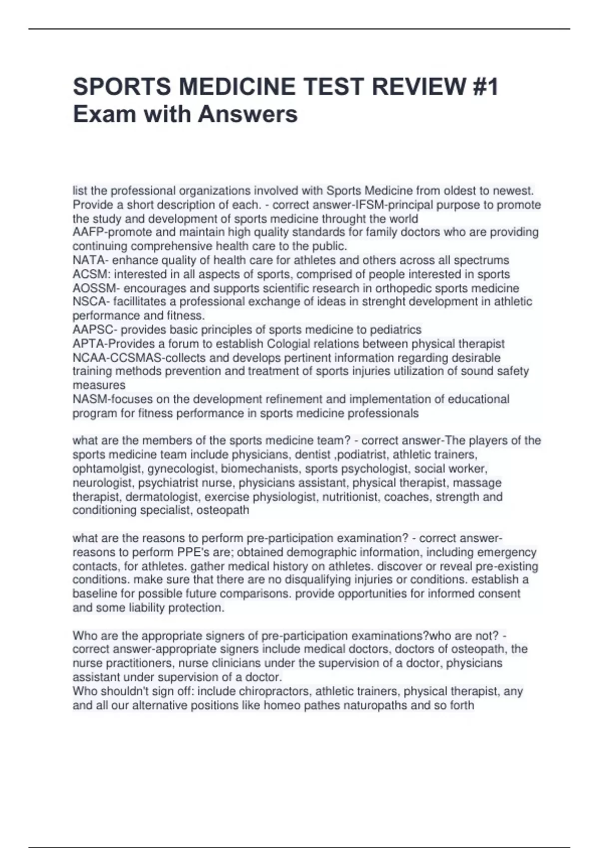 SPORTS MEDICINE TEST REVIEW #1 Exam with Answers - Sports - Stuvia US
