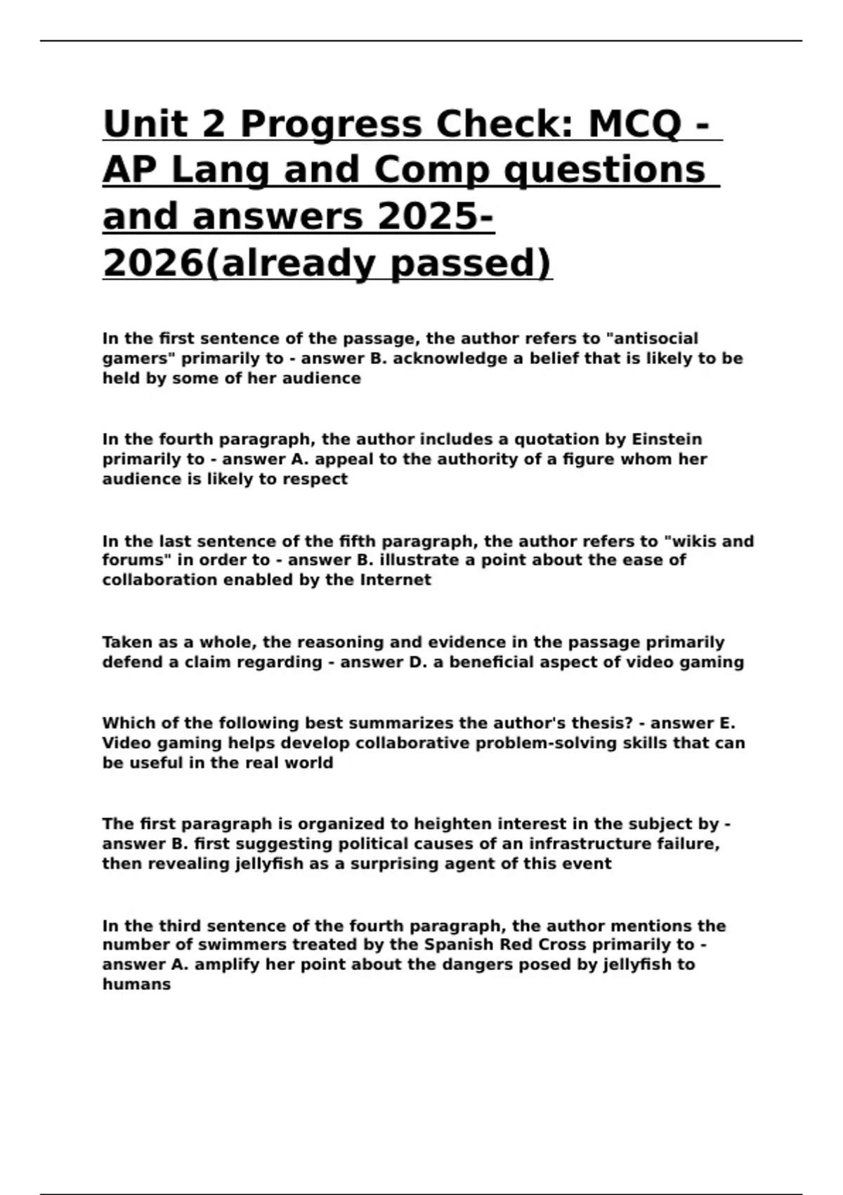 Unit 2 Progress Check MCQ - AP Lang and Comp questions and answers (already passed). - AP Lang ...