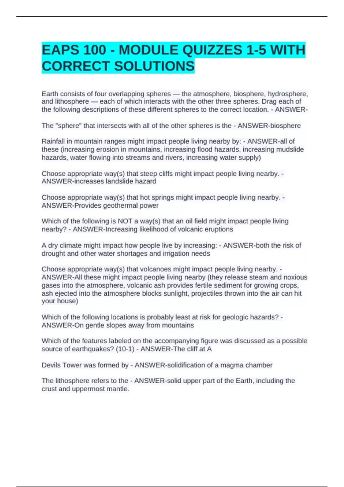 EAPS 100 - MODULE QUIZZES 1-5 WITH CORRECT SOLUTIONS - EAPS 100 - Stuvia US