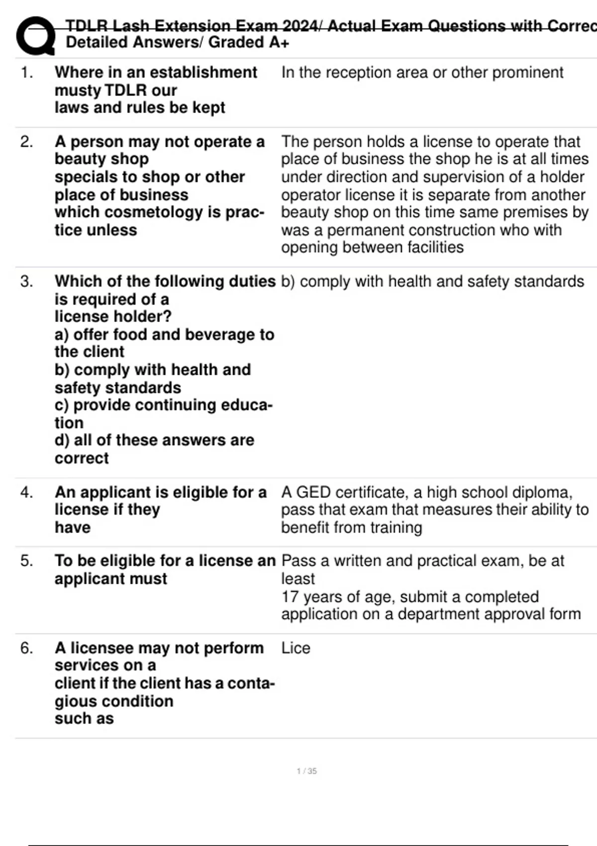 TDLR Lash Extension Exam 2024/ Actual Exam Questions with Correct ...