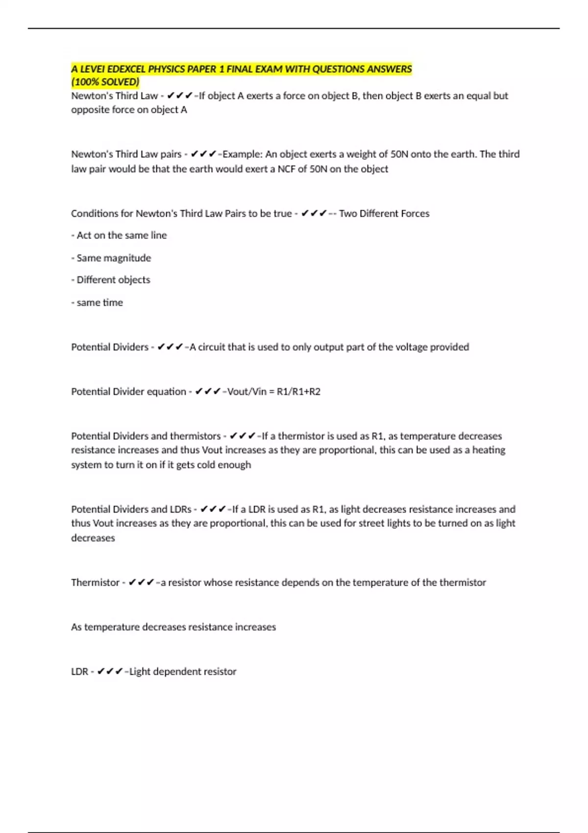 A LEVEL PAPER 1 FINAL EXAM WITH QUESTIONS ANSWERS (100% SOLVED ...