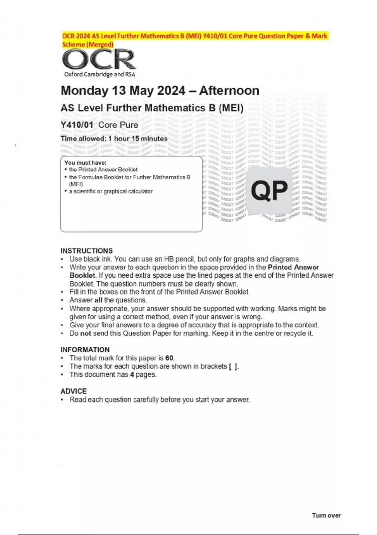OCR 2024 AS Level Further Mathematics B (MEI) Y410/01 Core Pure ...