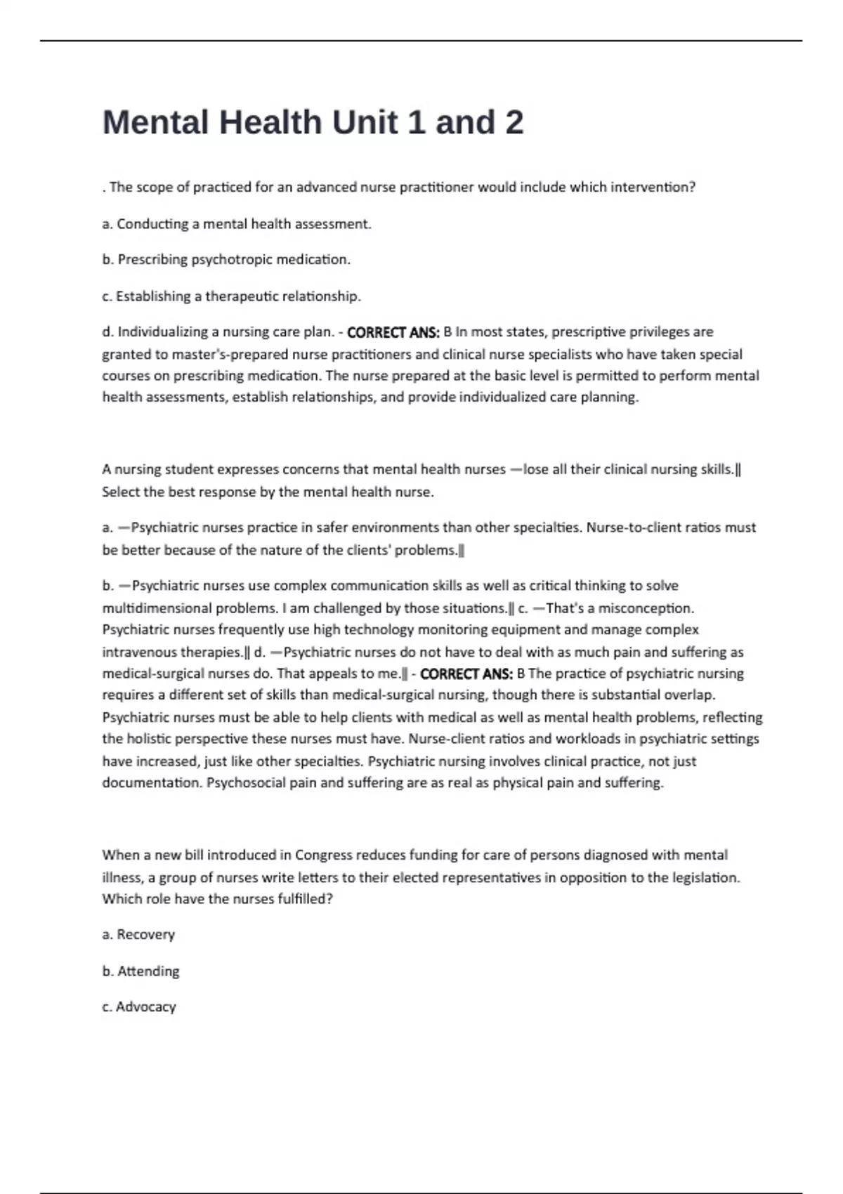 Mental Health Unit 1 and 2 Exam - Mental Health Unit 1 and 2 - Stuvia US