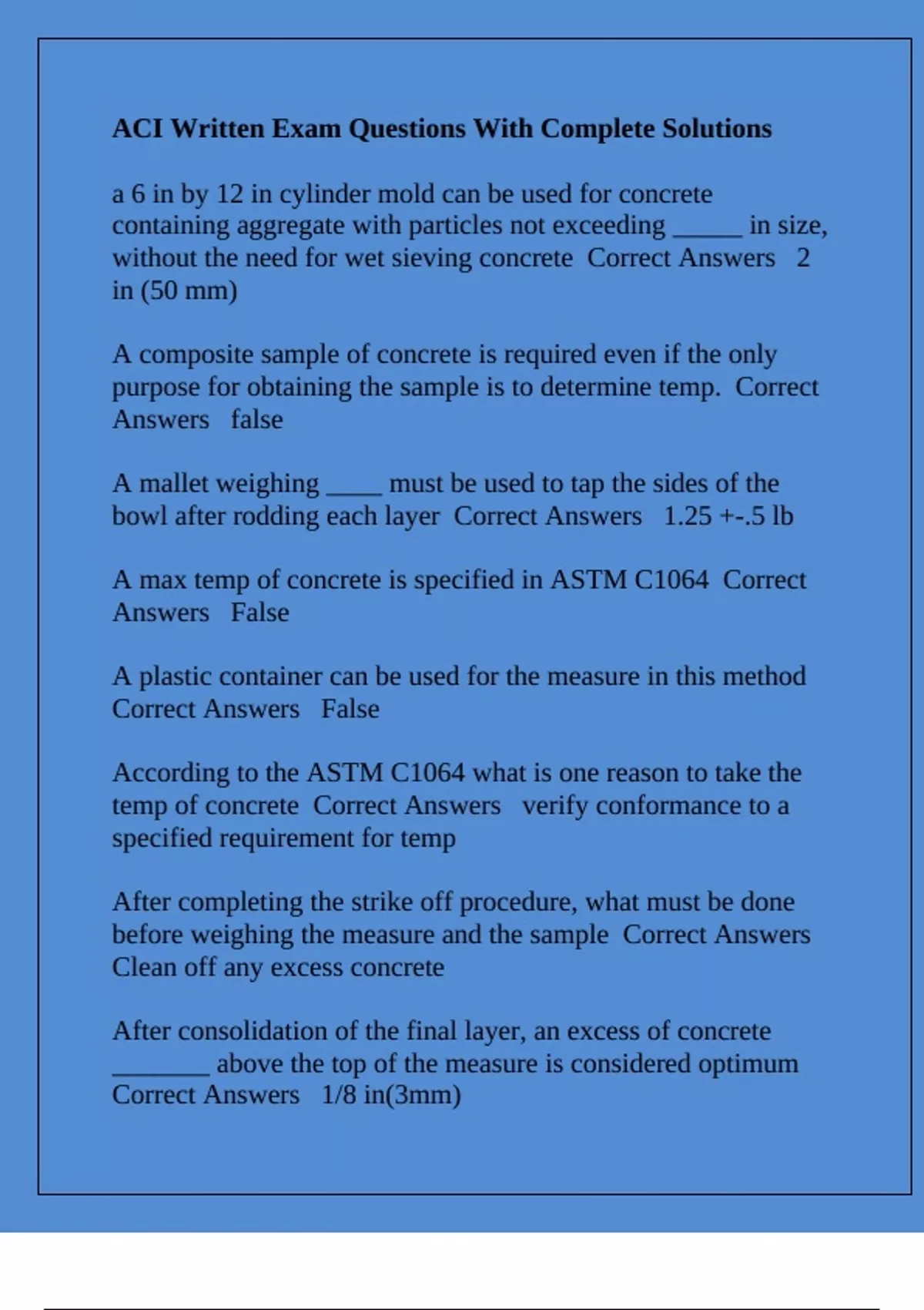 ACI Written Exam Questions With Complete Solutions - ACI concrete ...