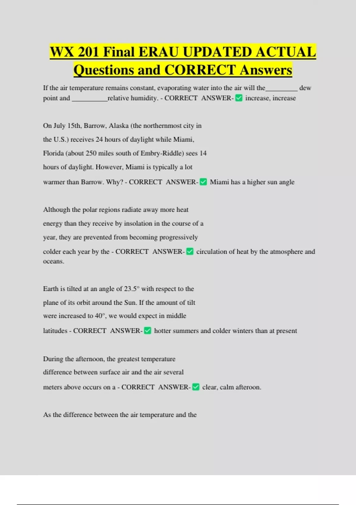 WX 201 Final ERAU UPDATED Questions and CORRECT Answers - WX 201 - Stuvia US