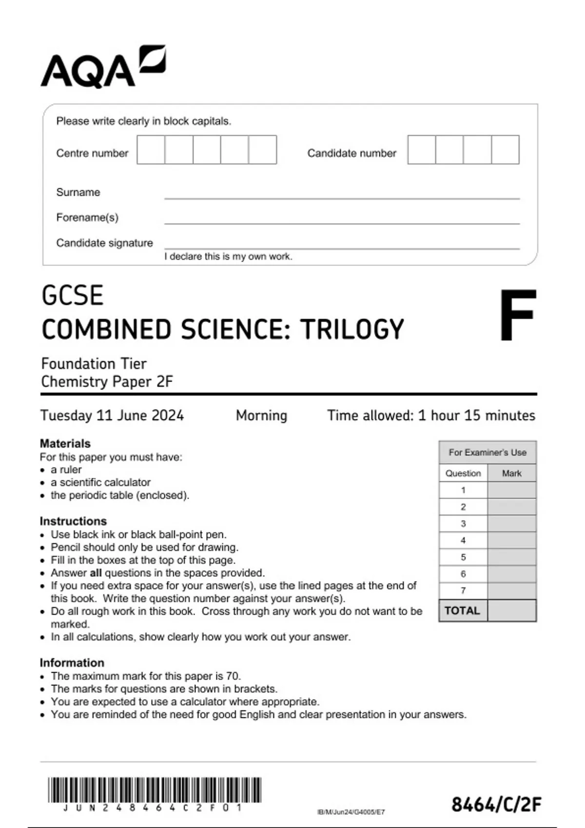 AQA GCSE COMBINED SCIENCE: TRILOGY Foundation Tier Chemistry Paper 2 ...