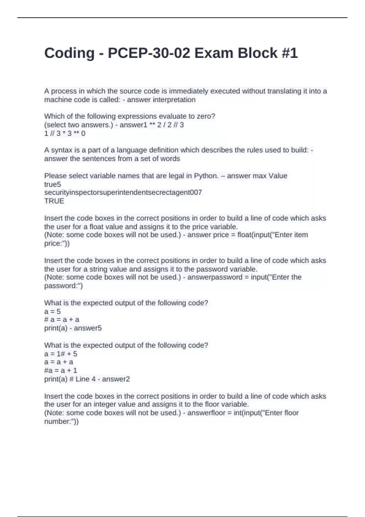 Coding - PCEP-30-02 Exam Block #1 Questions and Answers 2024 - PCEP - Stuvia US