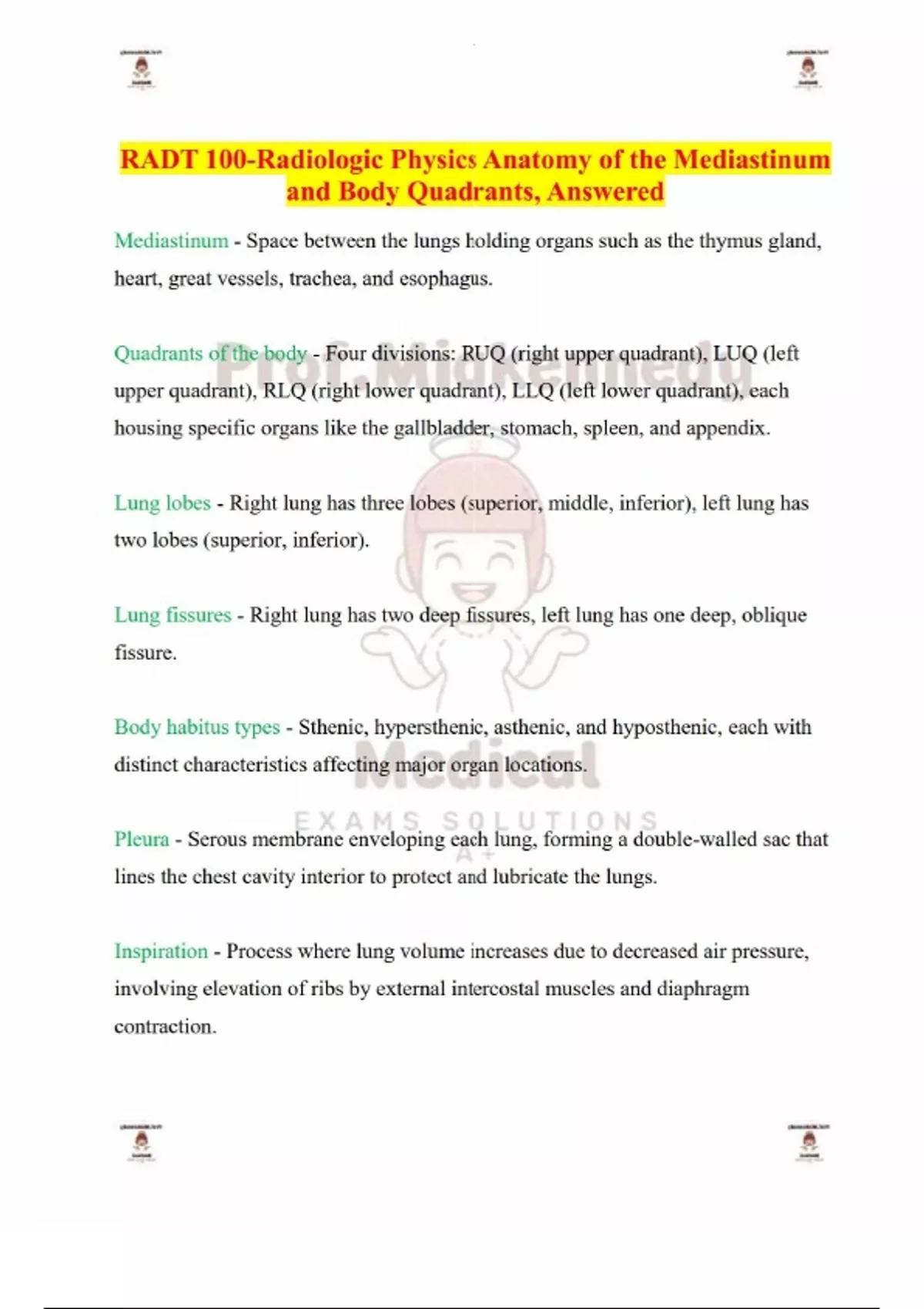 RADT 100-Radiologic Physics Anatomy of the Mediastinum and Body ...