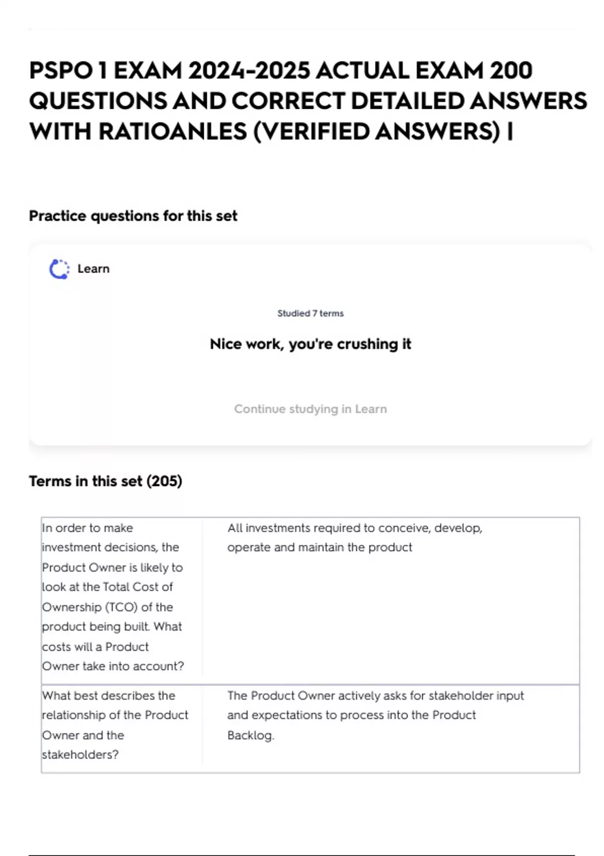PSPO 1 EXAM ACTUAL EXAM 200 QUESTIONS AND CORRECT DETAILED ANSWERS WITH RATIOANLES (VERIFIED ...