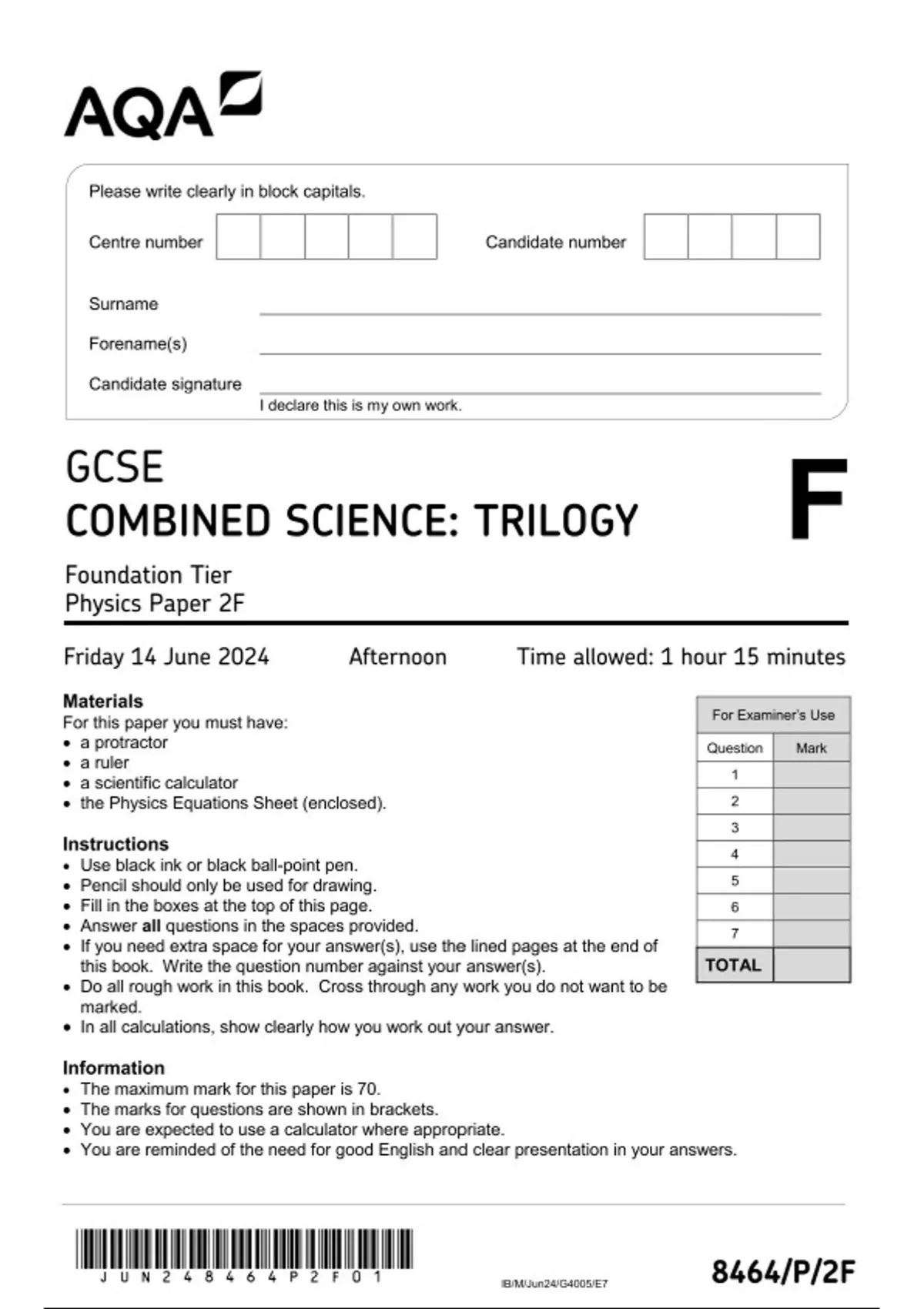 AQA GCSE COMBINED SCIENCE: TRILOGY Foundation Tier Physics Paper 2 JUNE ...