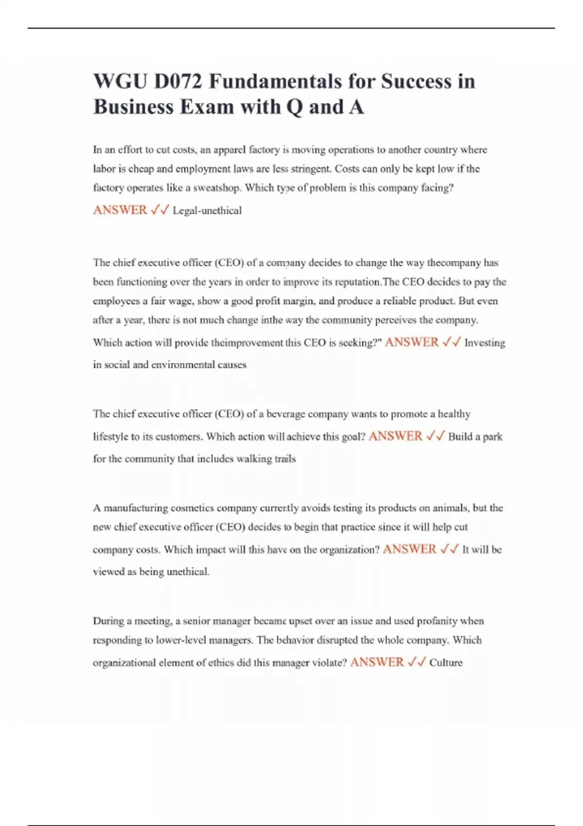 Package deal for WGU D072 Fundamentals for Success in Business Exam 1 ...