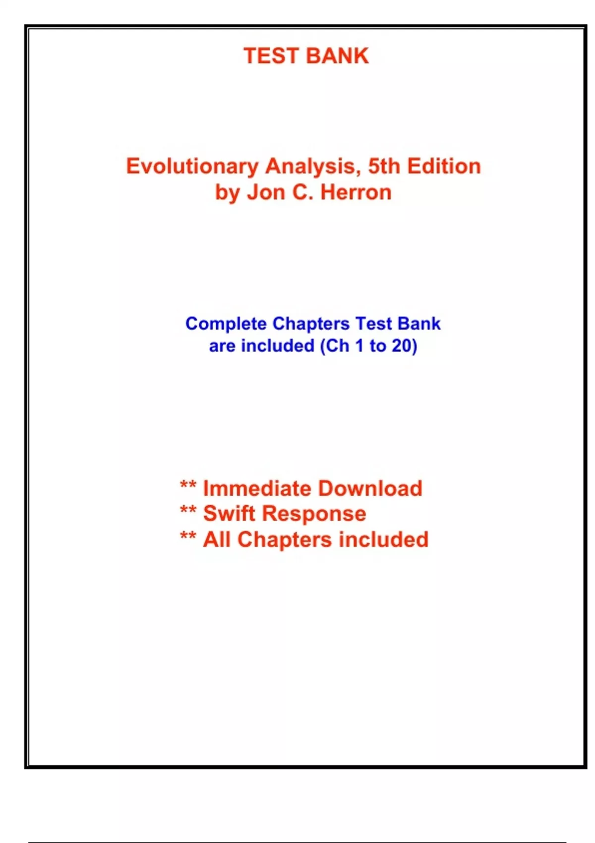Test Bank for Evolutionary Analysis, 5th Edition by Herron, (All ...