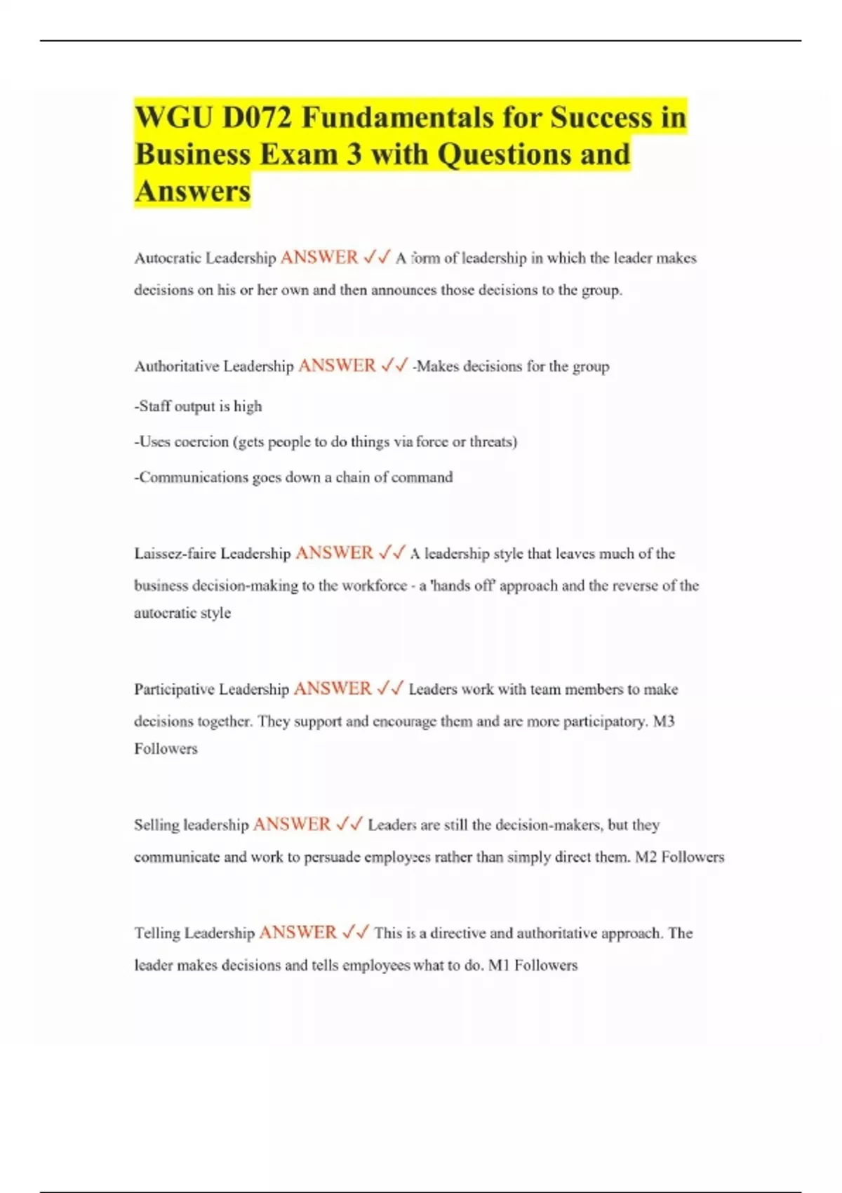 WGU D072 Fundamentals for Success in Business Exam 3 with Questions and ...