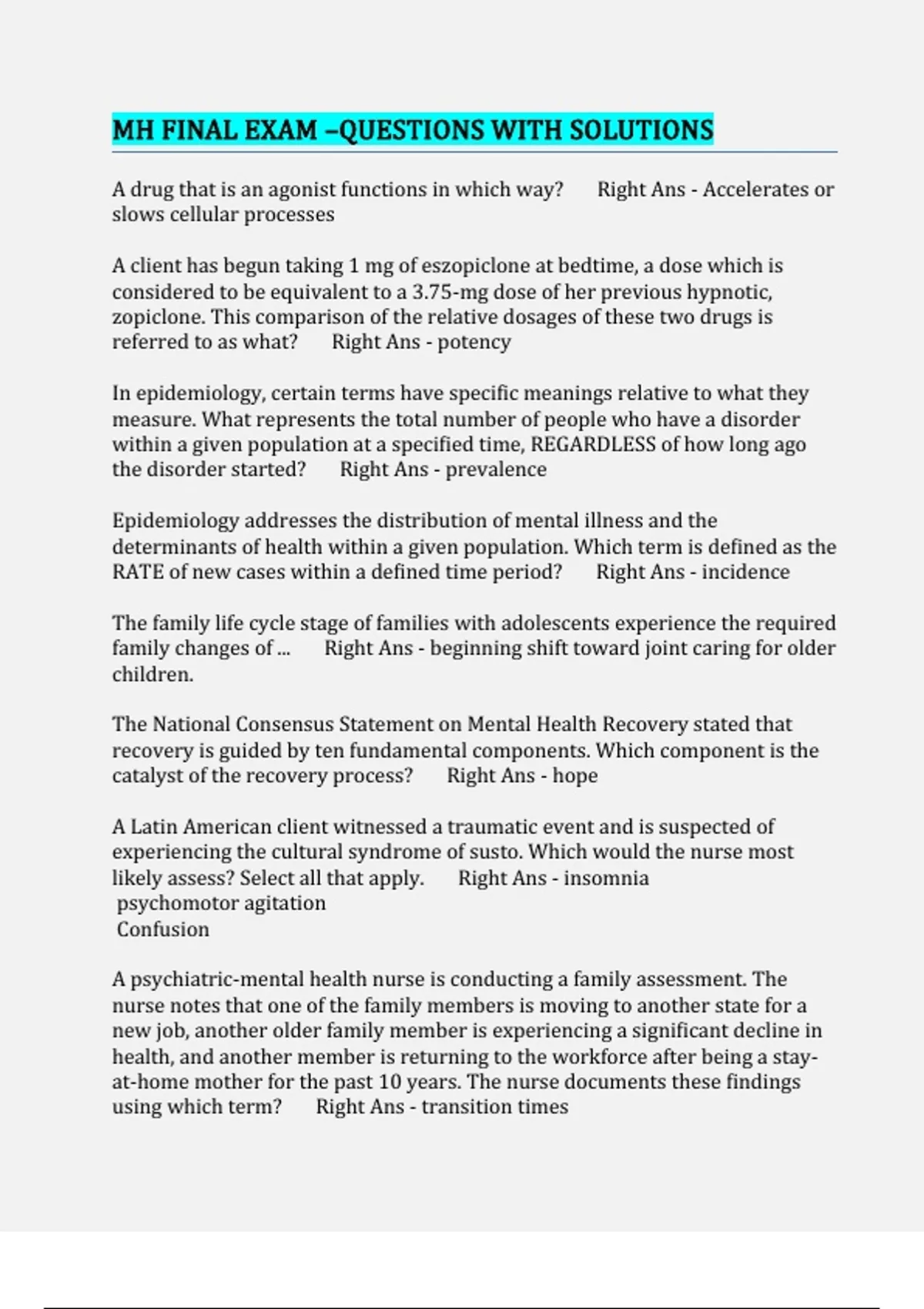 MH FINAL EXAM –QUESTIONS WITH SOLUTIONS - MH - Stuvia US