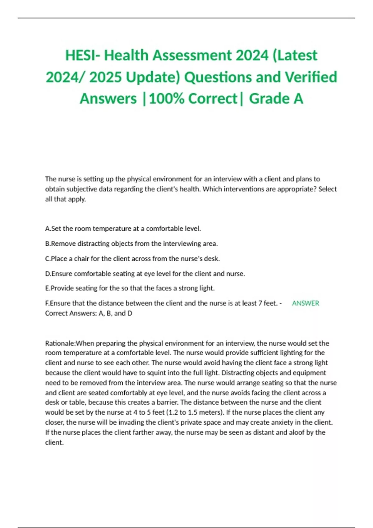 HESI- Health Assessment 2024 (Latest 2024/ 2025 Update) Questions and ...
